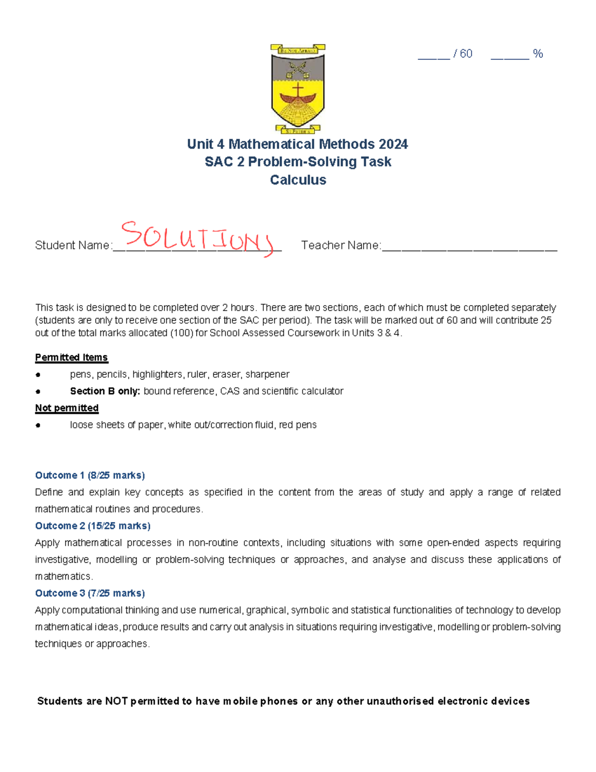 12MM Unit 4 Mathematical Methods SAC 2 Calculus Practice Solutions 2024 ...