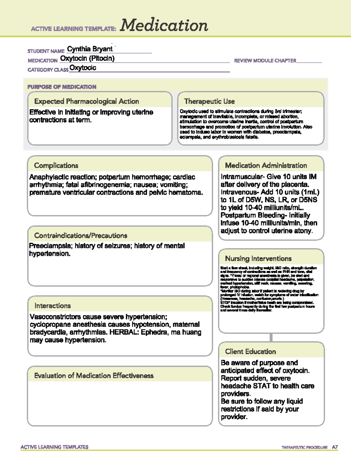 Oxytocin - Med card template - ACTIVE LEARNING TEMPLATE: Medication ...