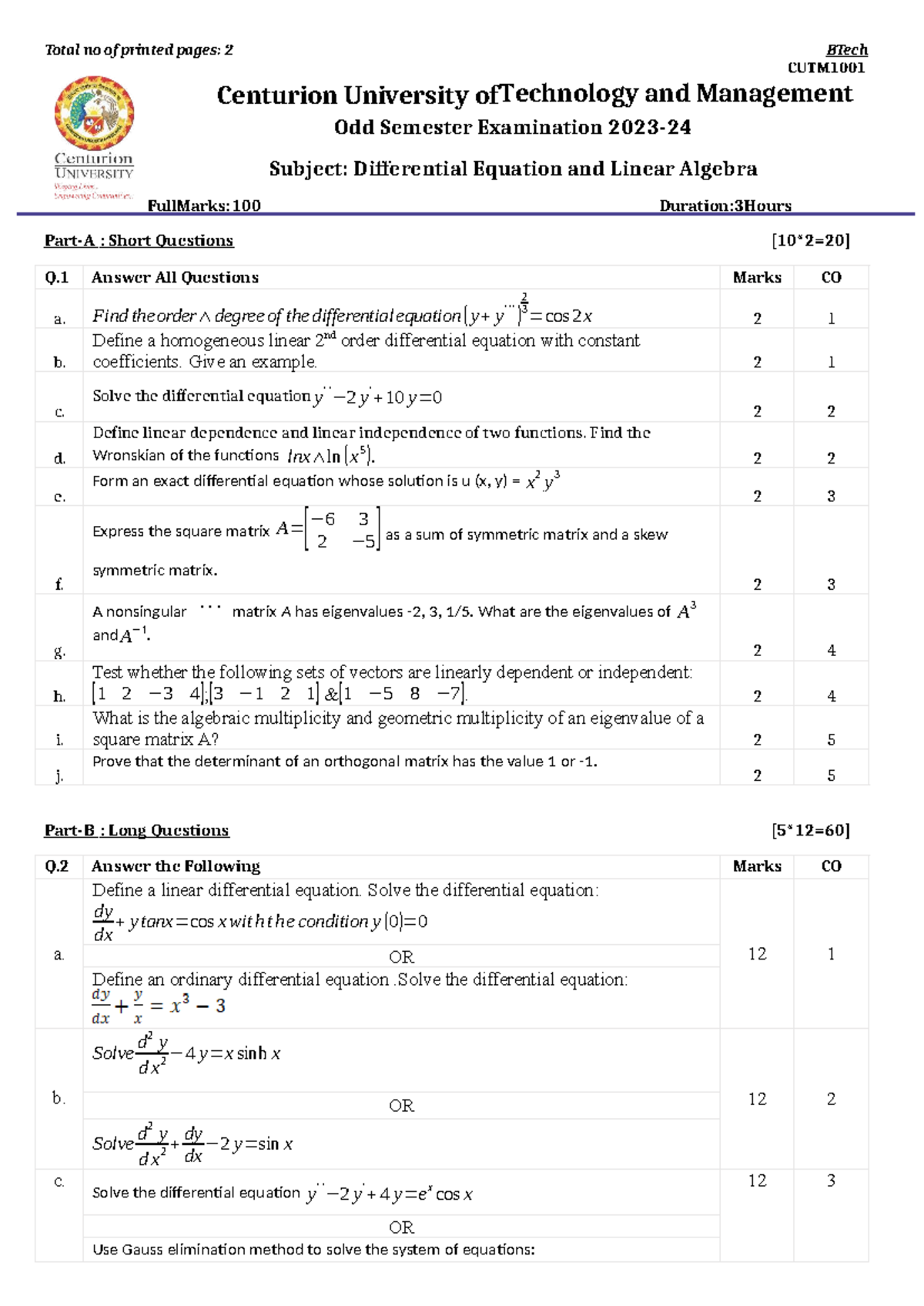 Differential Equations & Linear Algebra Exam Notes (CUTM1001) - Studocu