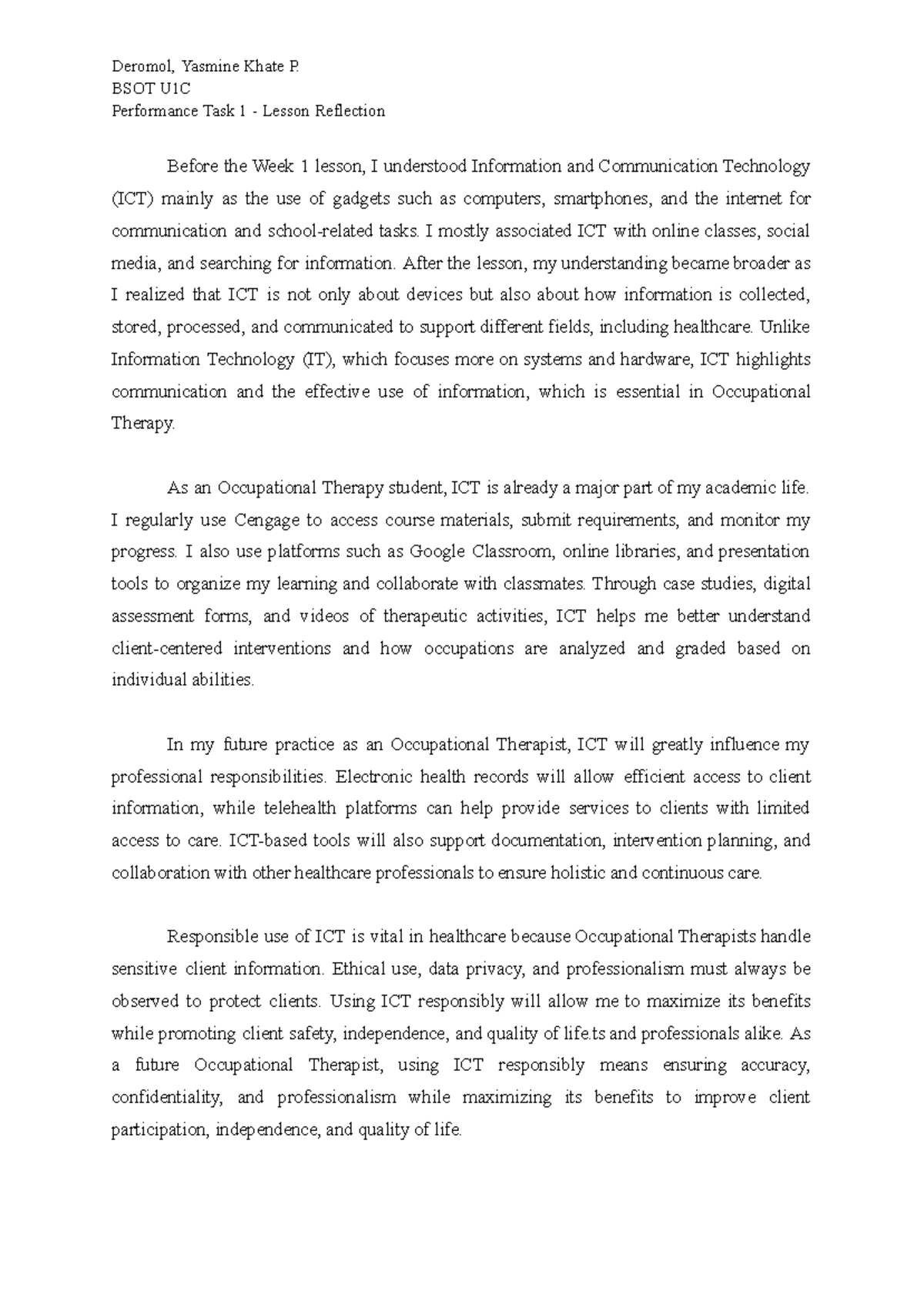 BSOT U1C Performance Task 1: ICT in Occupational Therapy Reflection ...