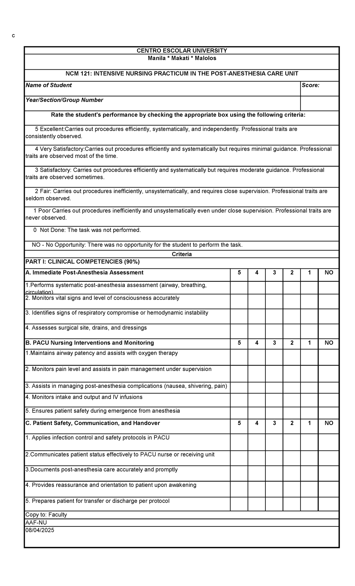 NCM 121: PACU Student Performance Evaluation Checklist - Studocu