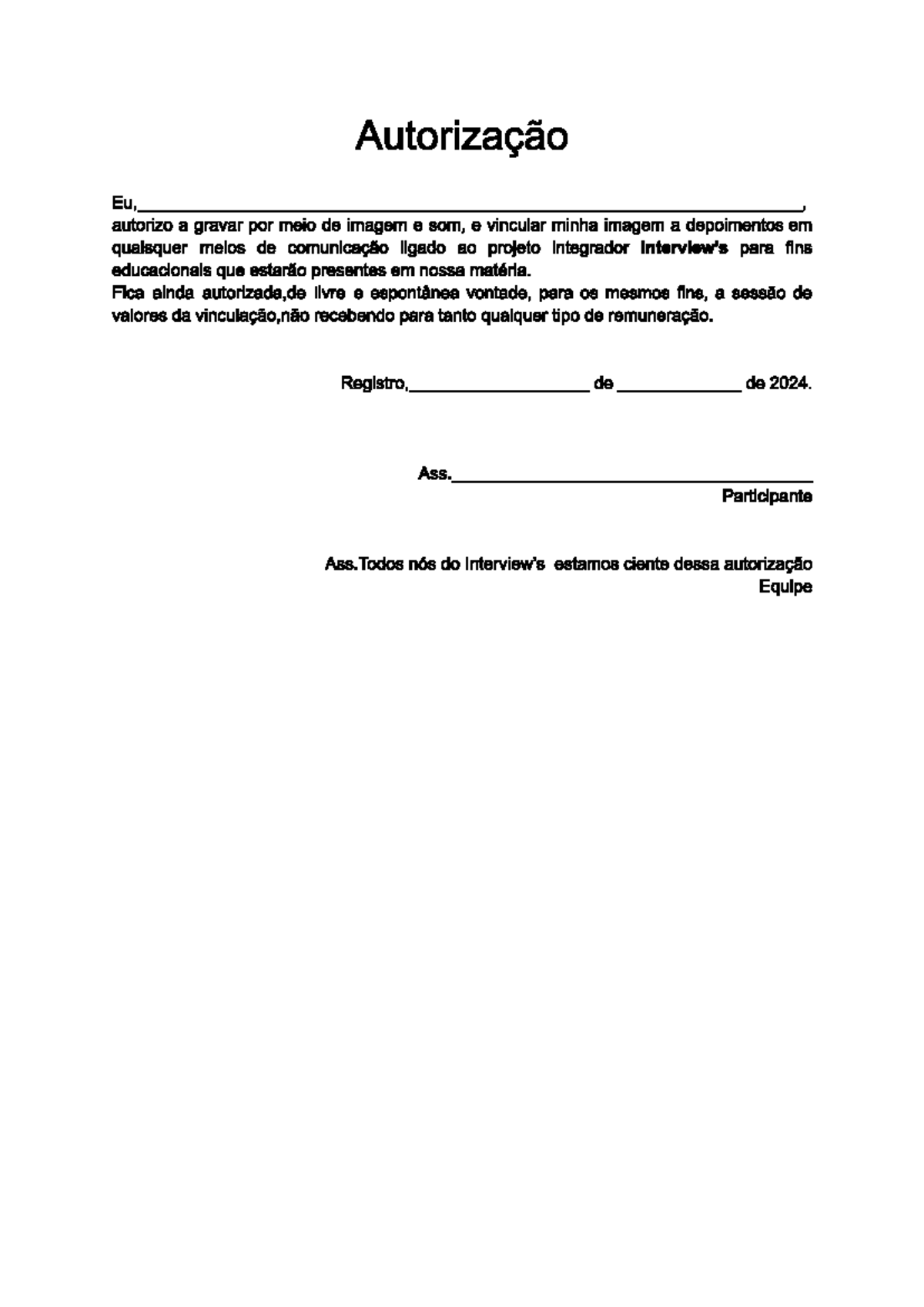 Autorização para Uso de Imagem - Projeto Integrador 2024 - Studocu