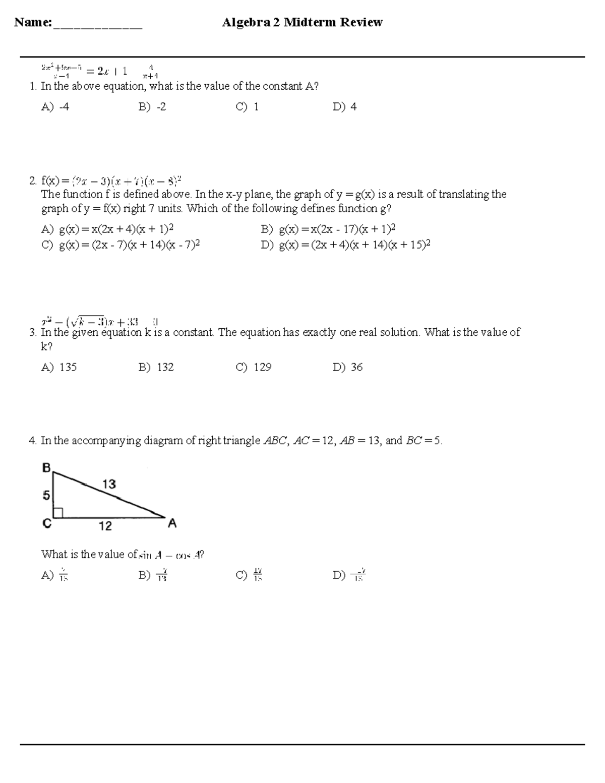 Algebra 2H Spring 2026 Midterm Review 1 - Studocu