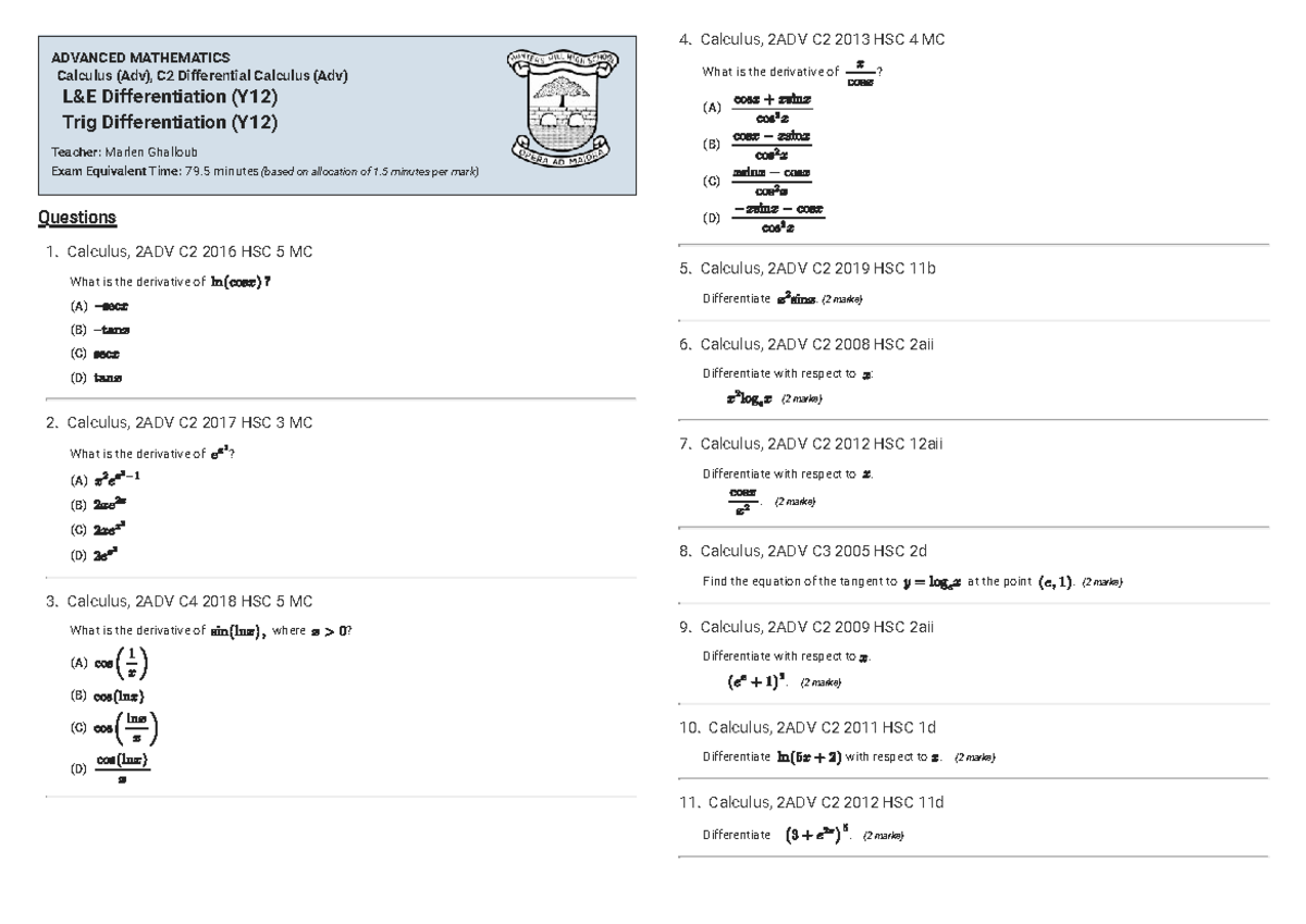 Differential calculus Questions - 1. Calculus, 2ADV C2 2016 HSC 5 MC 2 ...