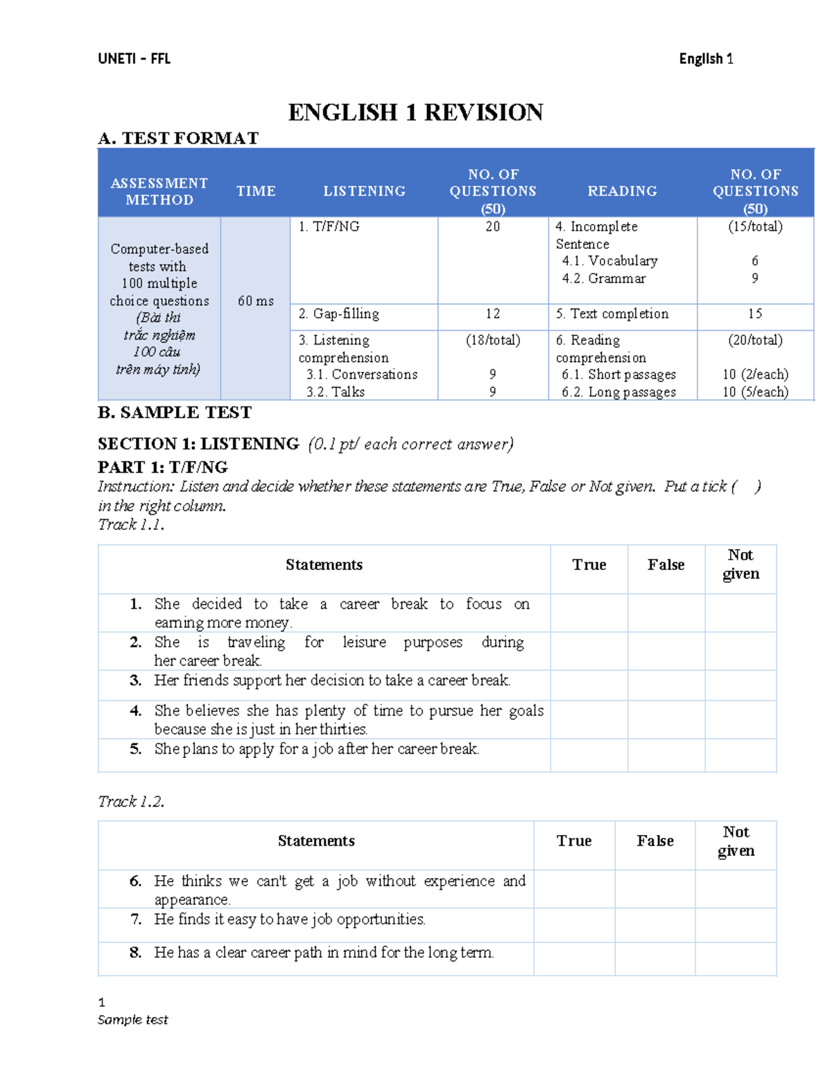 UNETI FFL English 1 A. Test Format and Sample Questions for Revision ...