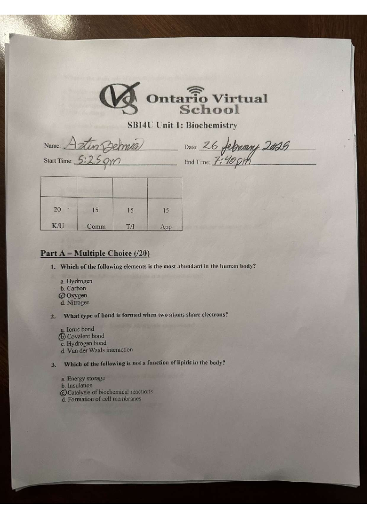 Artin Behnia OVS Biology UNIT1 TEST - Ontario Virtual School SBI4U Unit ...