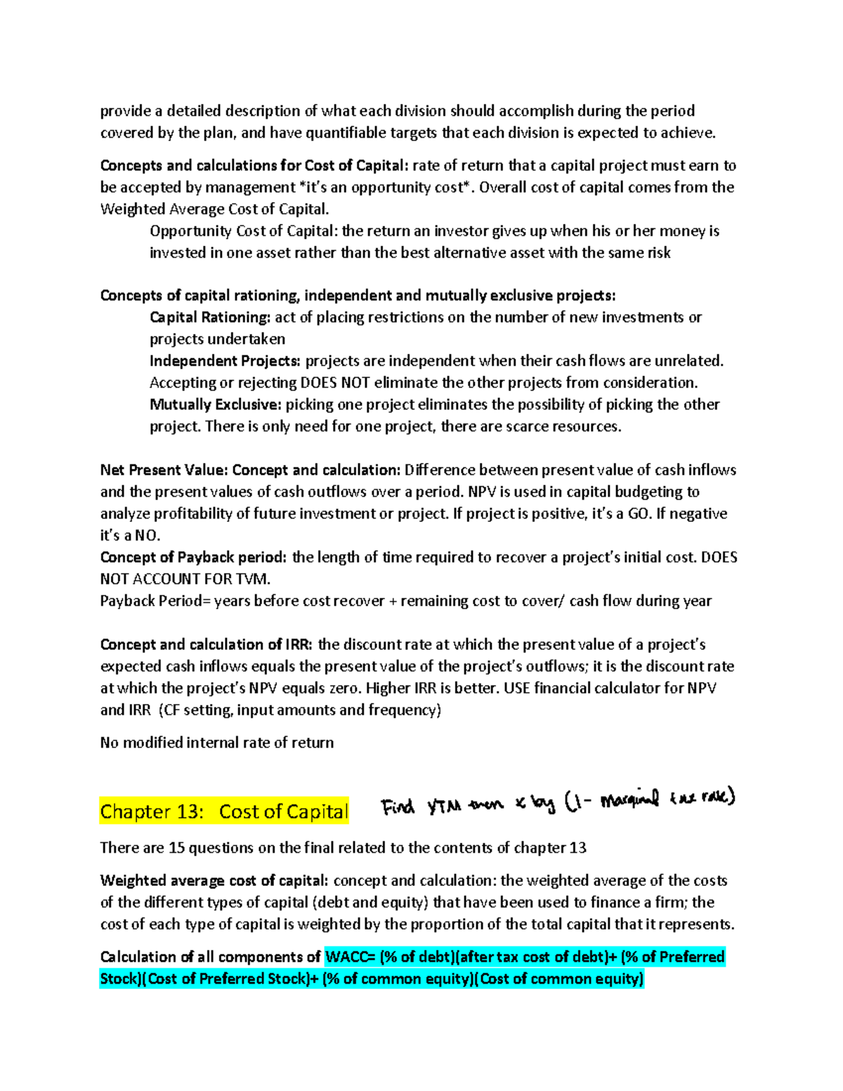 FIN 300 - Final Exam Study Guide and Key Concepts of Cost of Capital - Studocu
