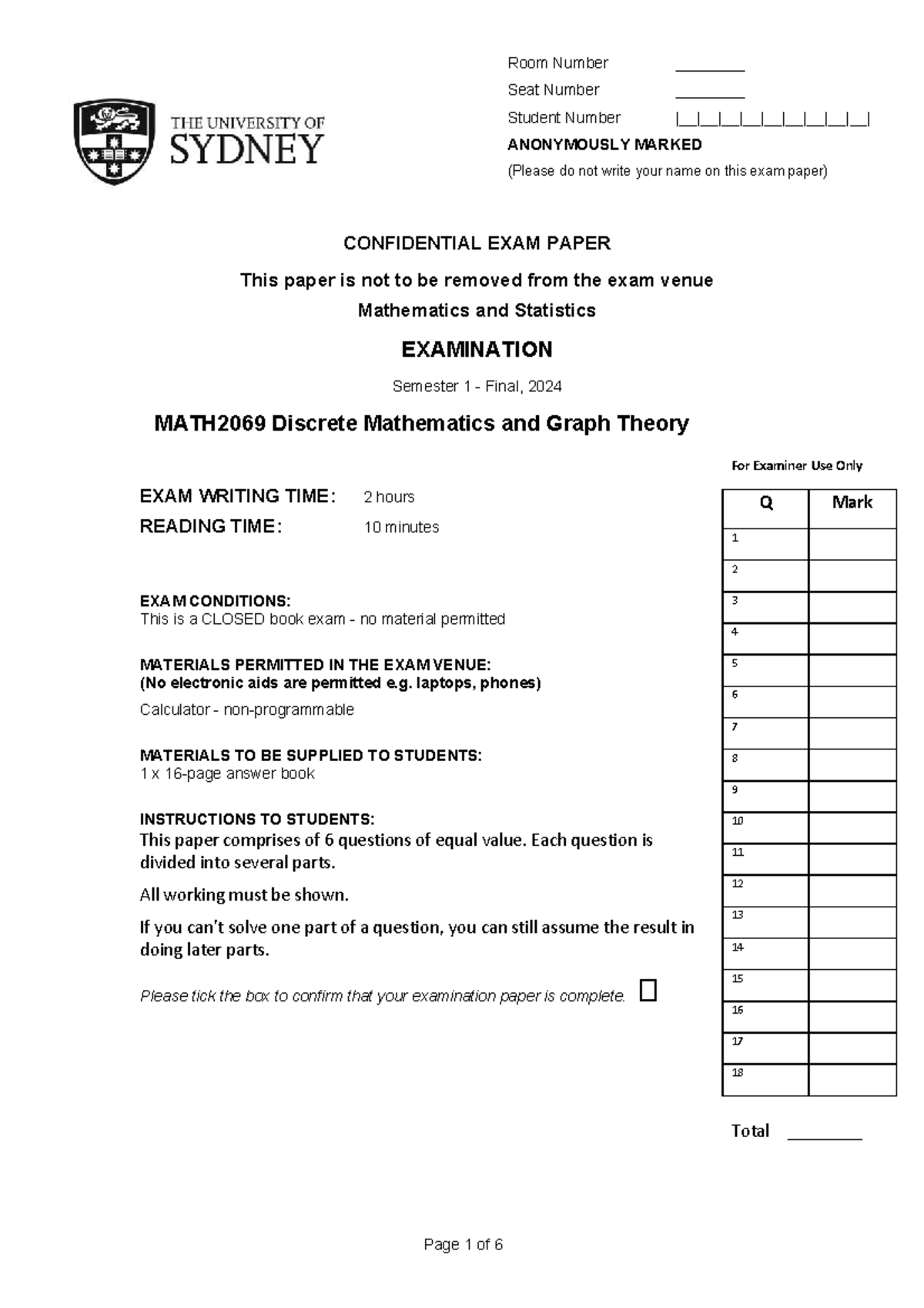 MATH2069 Semester 1 Final Exam: Discrete Mathematics & Graph Theory ...