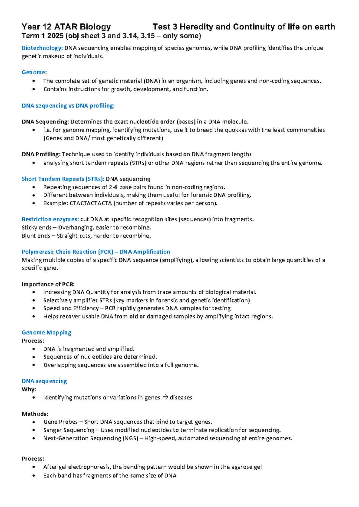 Year 12 ATAR Biology Test 3: Heredity & Continuity of Life on Earth ...