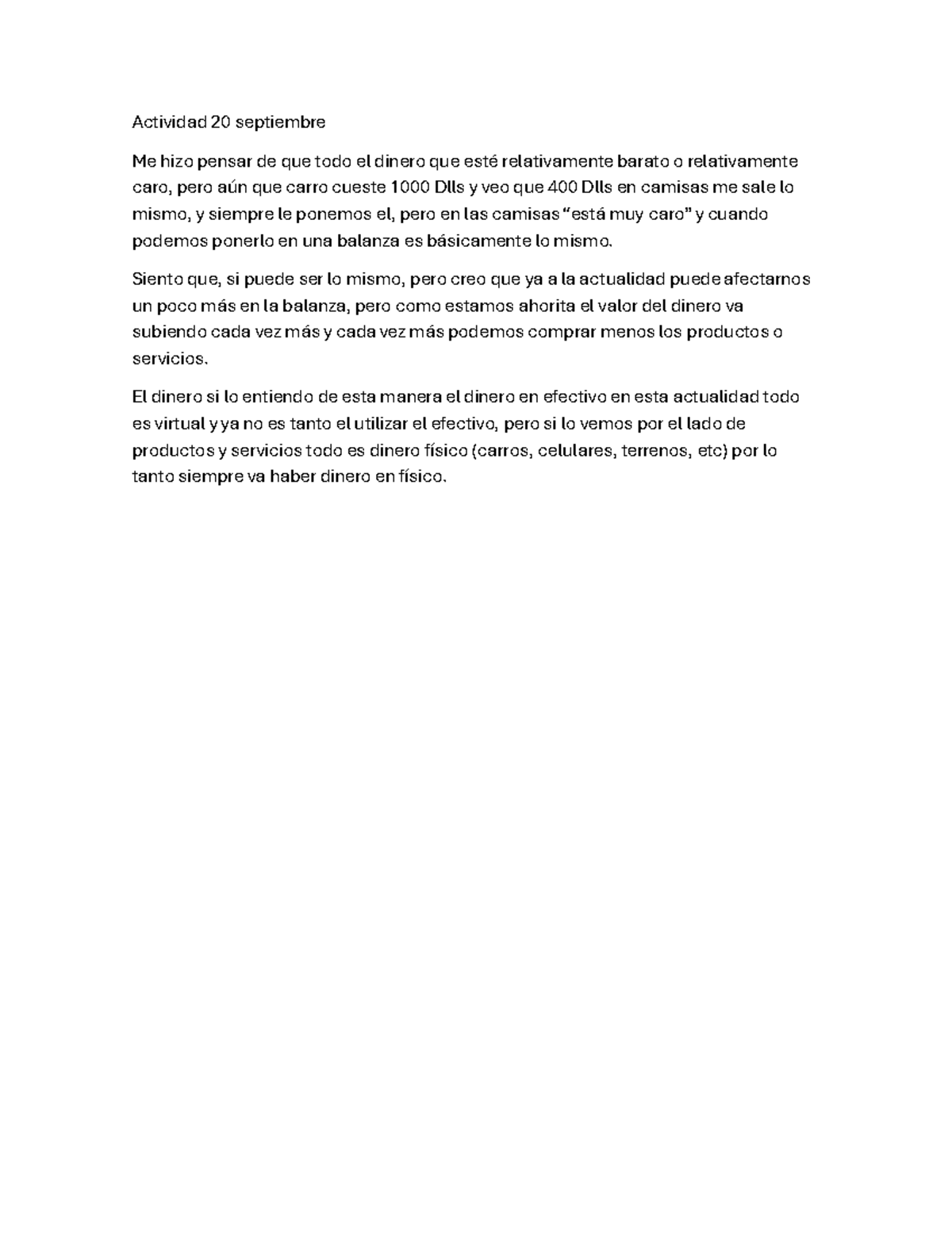 Reflexiones sobre el Valor del Dinero - Actividad 20 de Septiembre ...