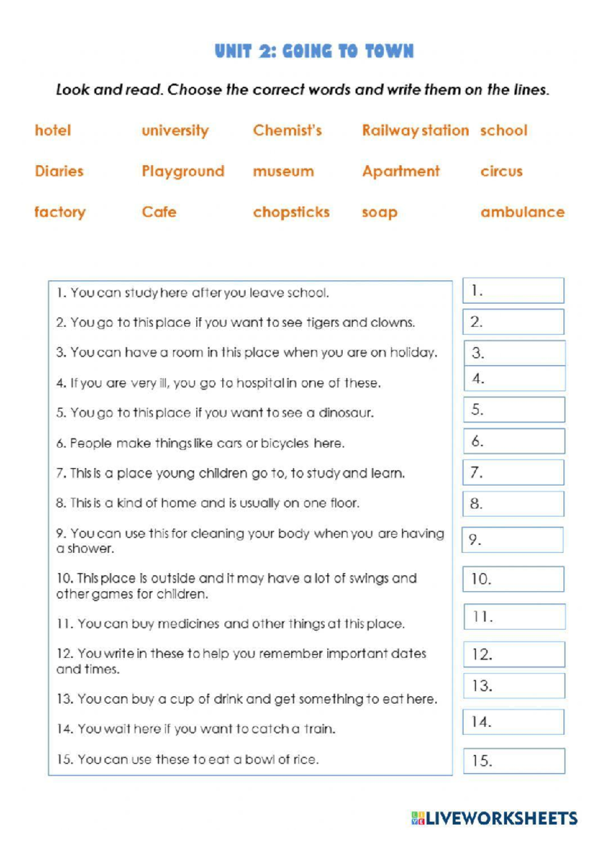 UNIT 2: GOING TO TOWN - Vocabulary Worksheet 1129481-2 - Studocu
