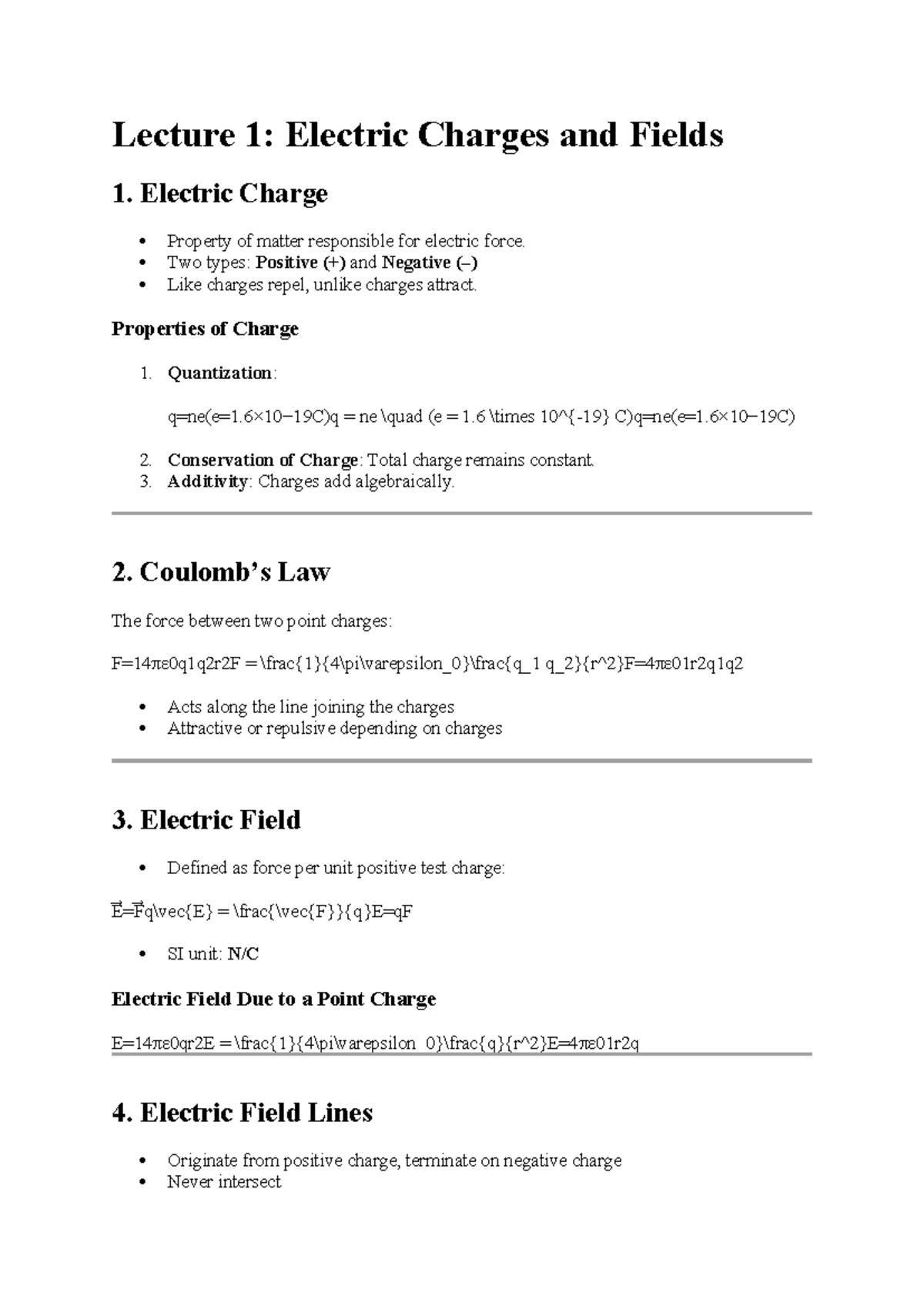Lecture 1 Electric Charges Fields Overview Studocu