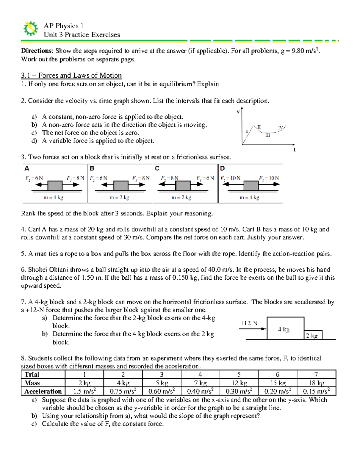 AP Physics 1 Unit 3 Practice Problems and Solutions - Studocu