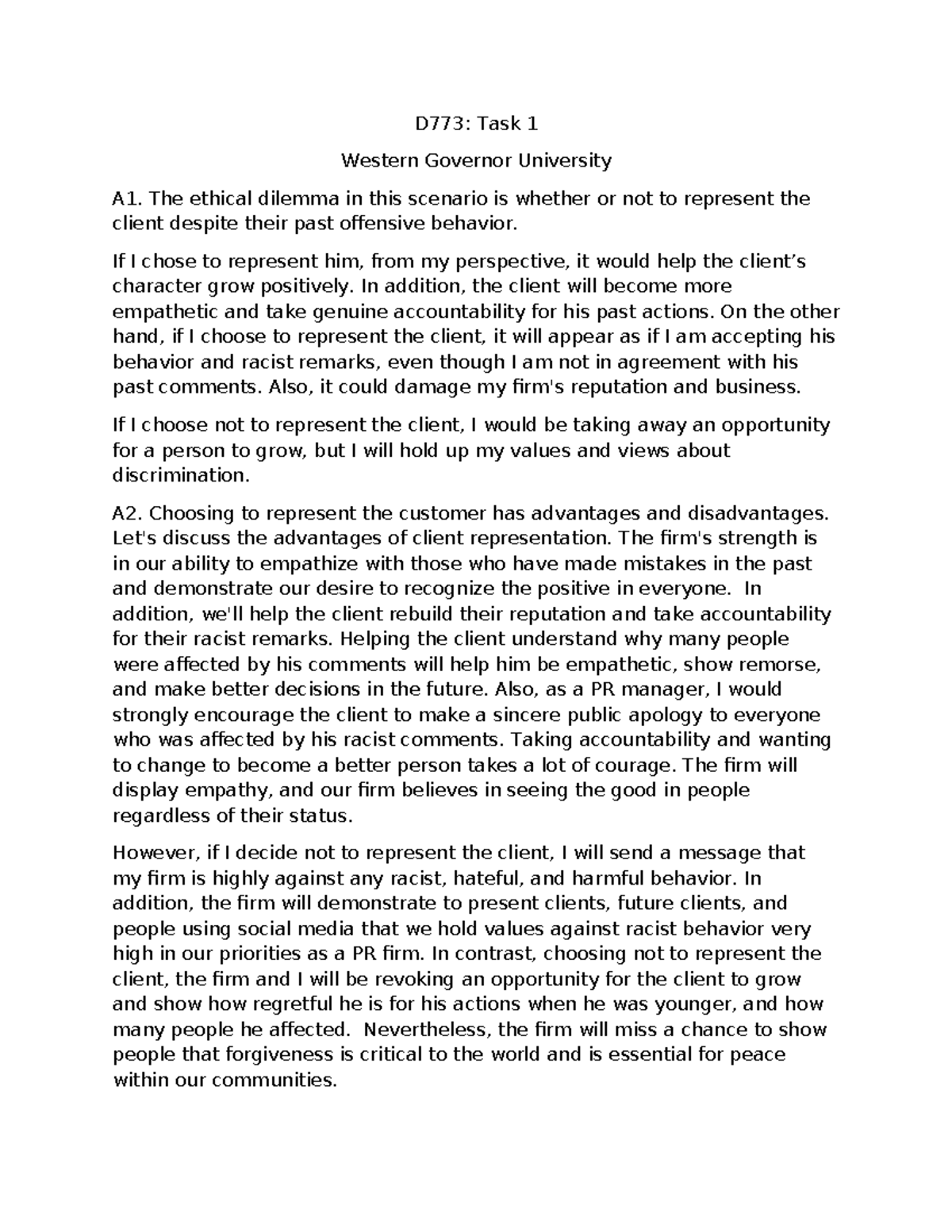 D773: Task 1 Ethical Dilemma in Client Representation at WGU - Studocu