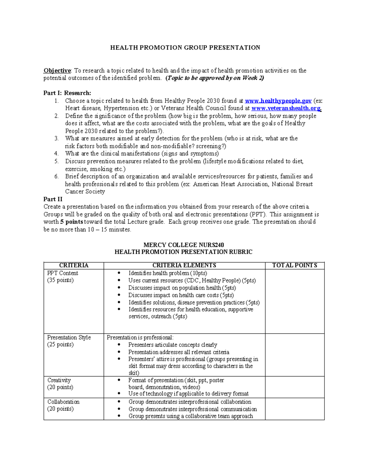 Health Promotion Group Presentation Rubric (MERCY COLLEGE NURS) - Studocu
