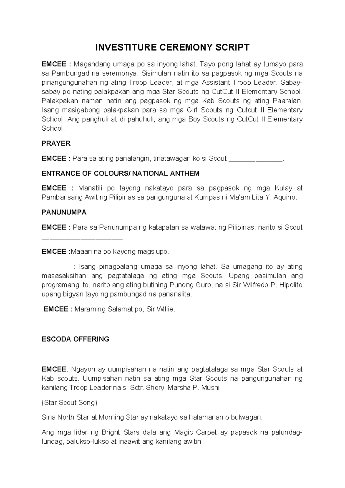 Investiture Ceremony Script for Scouts: A Detailed Presentation - Studocu