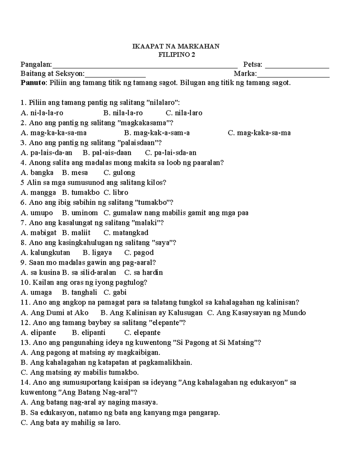 Filipino 2 1 - Midterm Exam: Ikaapat na Markahan Questions - Studocu