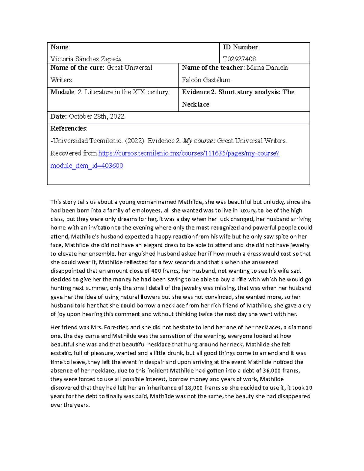 Evidence 2 great universal writers - Name: Victoria Sánchez Zepeda ID ...