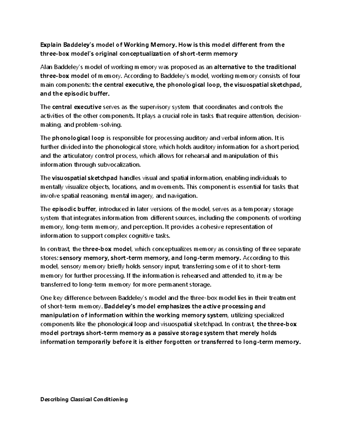 Long Answer Exam 1: Working Memory, Classical Conditioning & Neuronal - Studocu