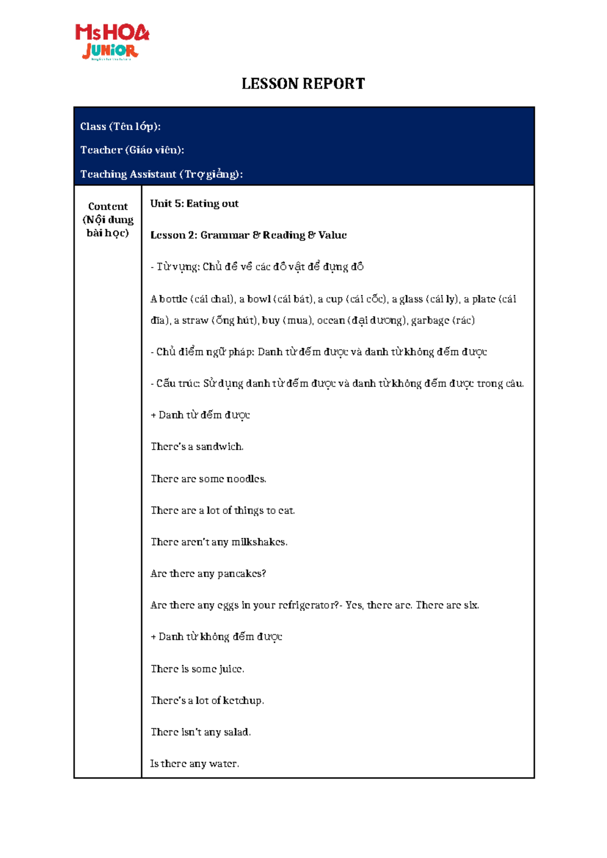 Unit 5 Lesson 2: Grammar & Reading on Eating Out (Form Report BAI 4 ...
