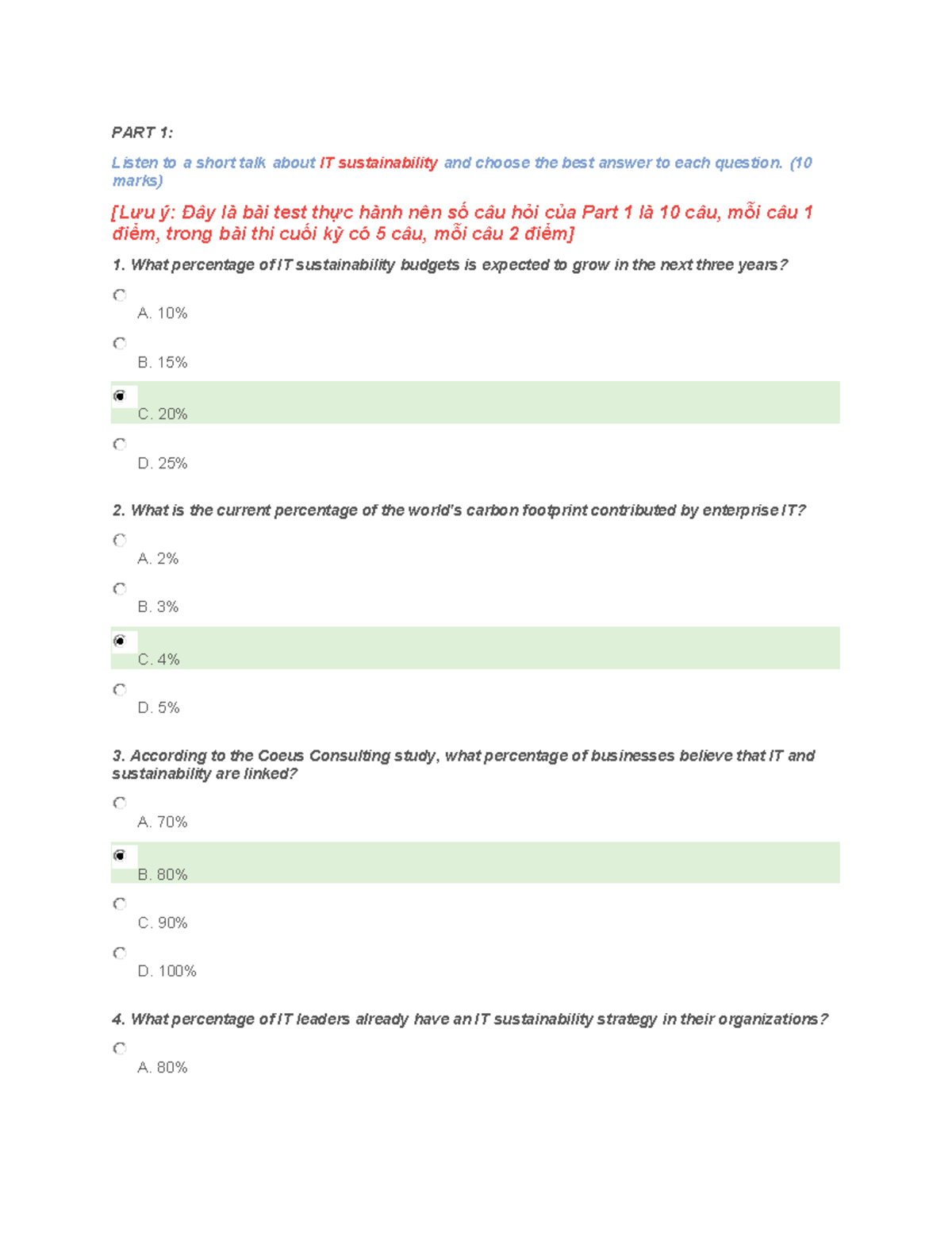 IT Sustainability Quiz (Part 1) - Final Exam (10 Marks) - Studocu