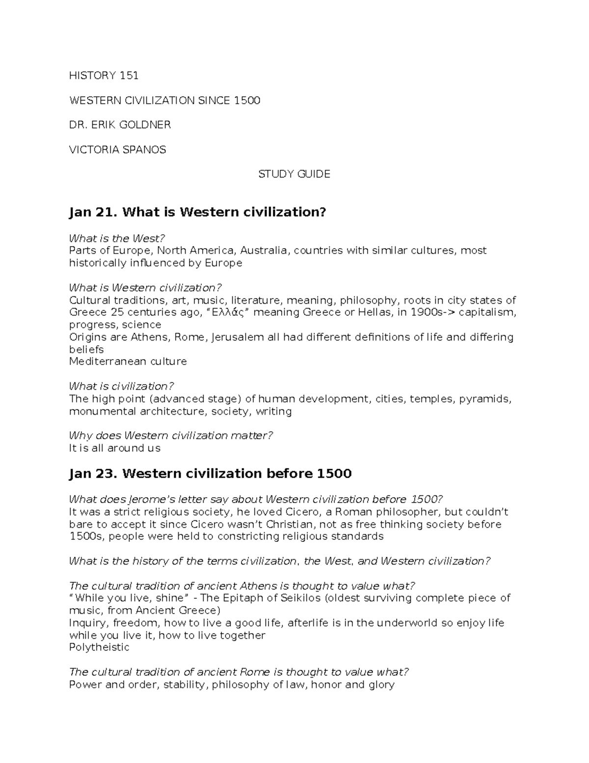 HISTORY 151: Study Guide on Western Civilization Since 1500 - HISTORY ...