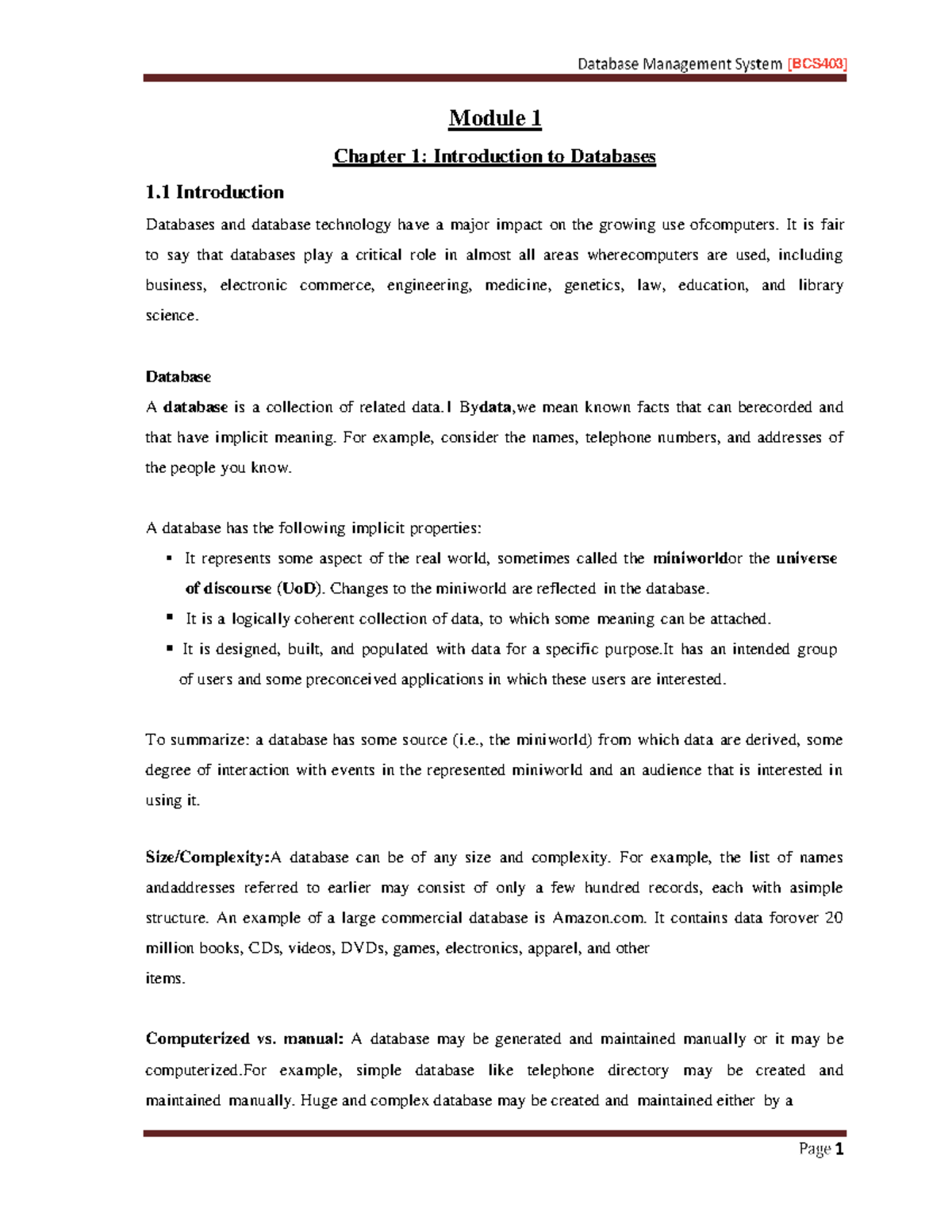 BCS403 Module 1: Intro to Databases and DBMS Concepts - Studocu