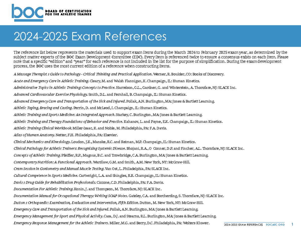 2024-2025 BOC Exam References for Athletic Training - Studocu