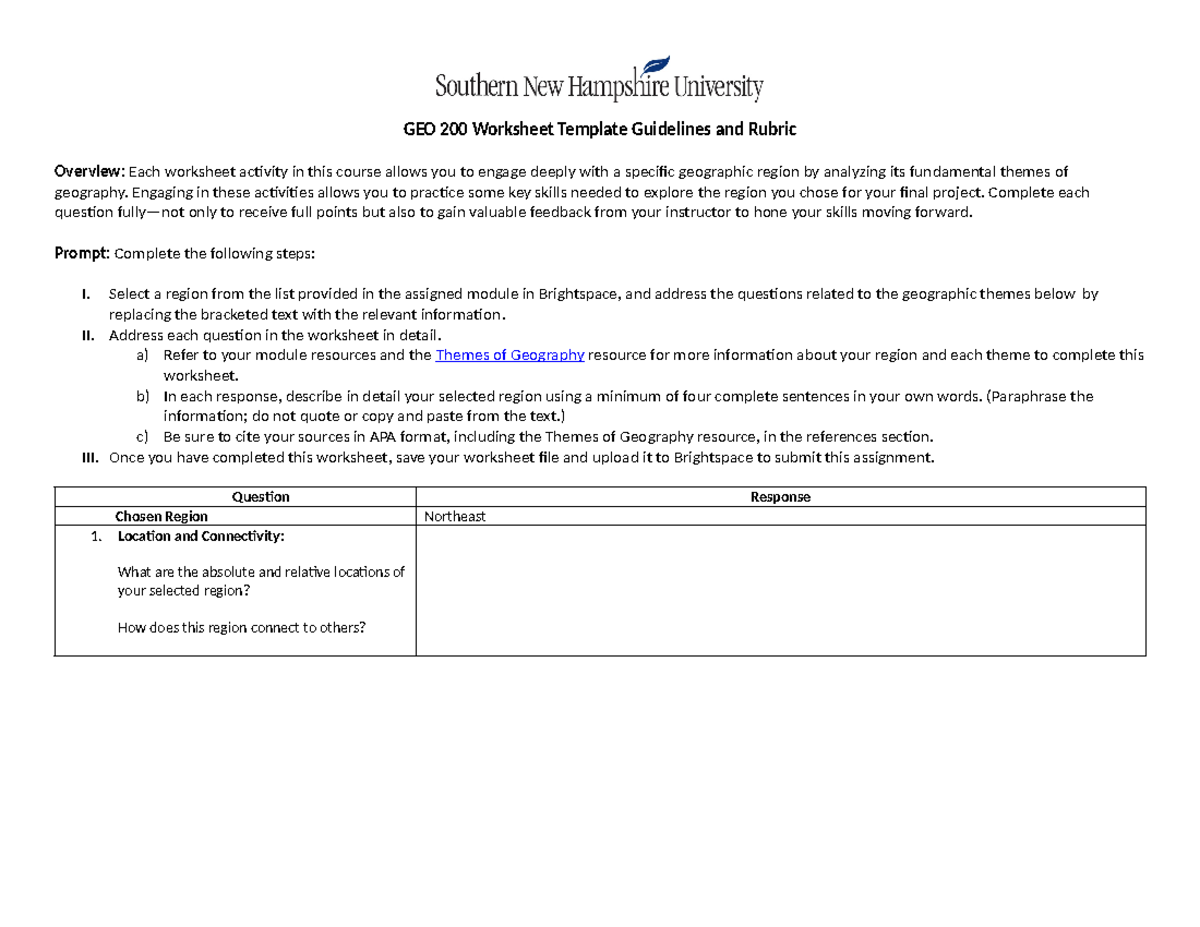 GEO 200 Final Project Worksheet Guidelines and Rubric for Northeast ...