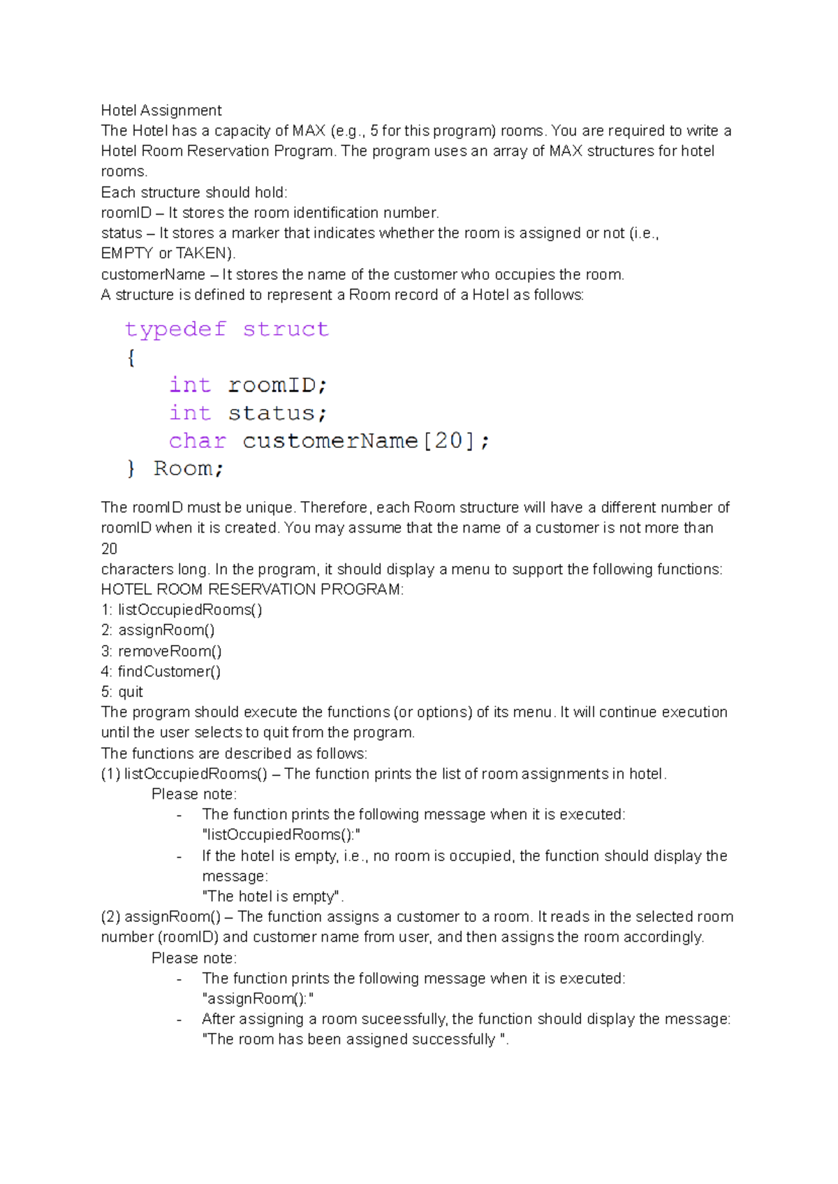 C Hotel Assignment: Room Reservation Program Development Guide - Studocu