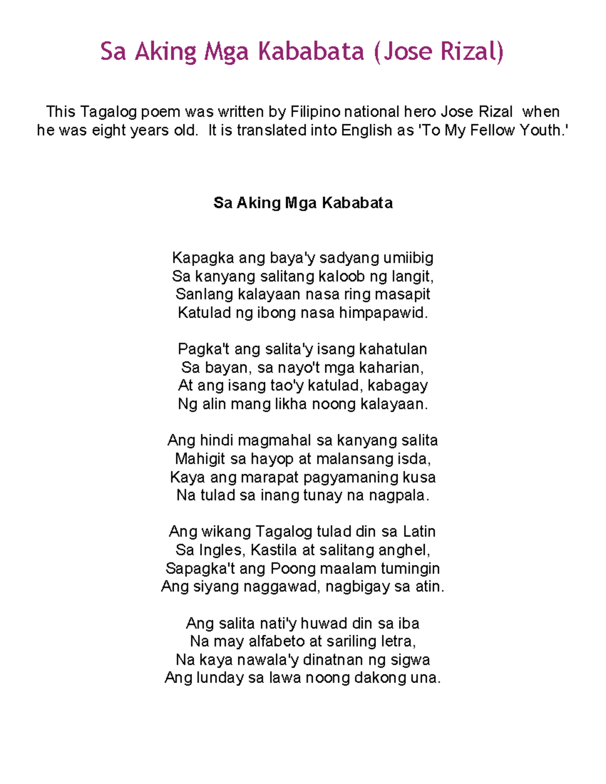 Ilide - Sa Aking Mga Kabata By: Dr. Jose P. Rizal - Sa Aking Mga ...
