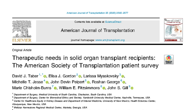 Therapeutic Needs in Solid Organ Transplant Recipients: AST Survey ...
