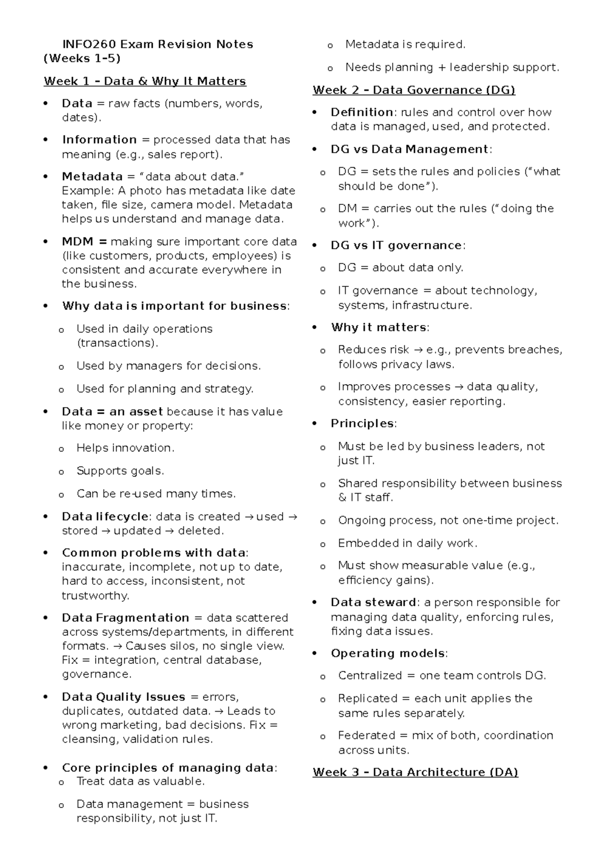 INFO260 Mid-term Exam Revision Notes on Data Management Concepts - Studocu