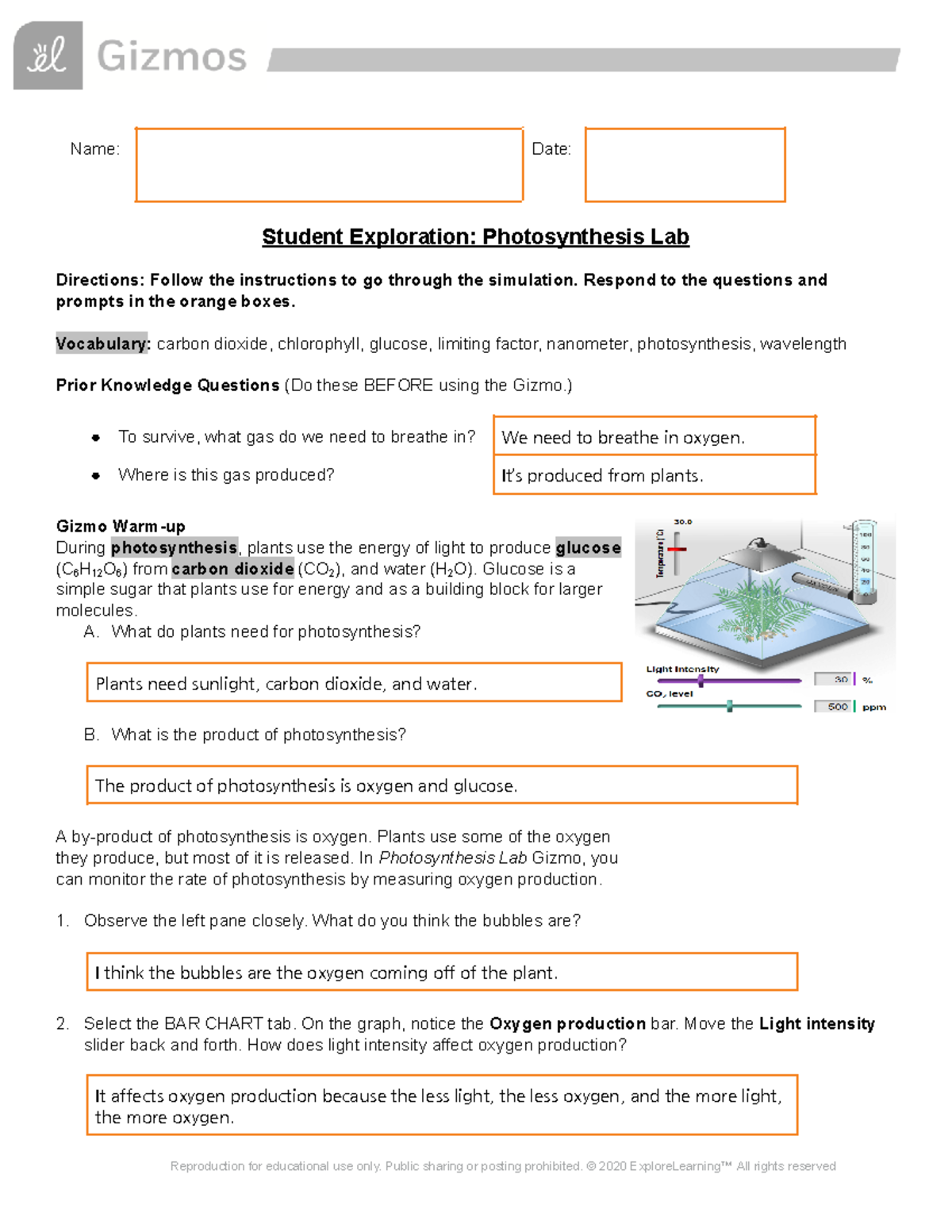 Photosynthesis LAB Complete assignment - Name: Date: Student ...