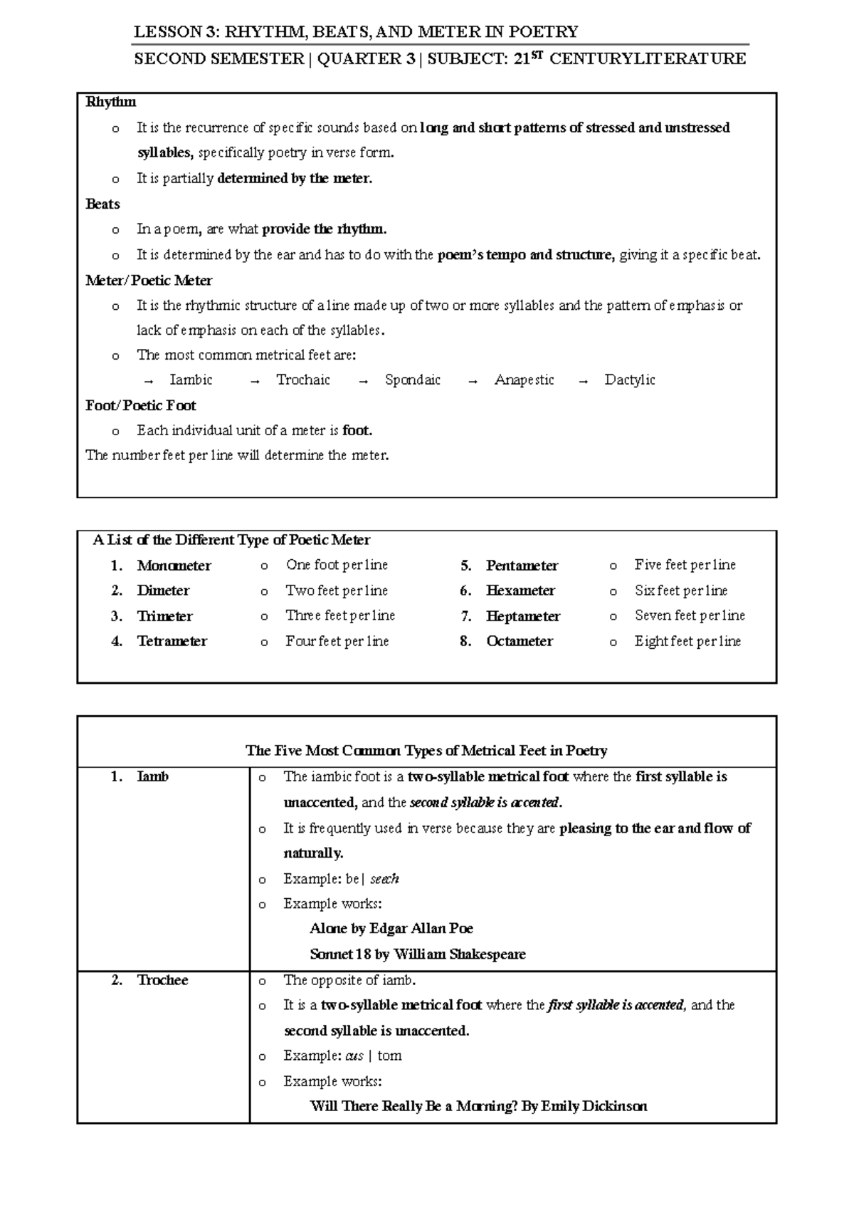 Lesson 3 - Understanding Rhythm, Beat, and Meter in Poetry (21ST LIT ...