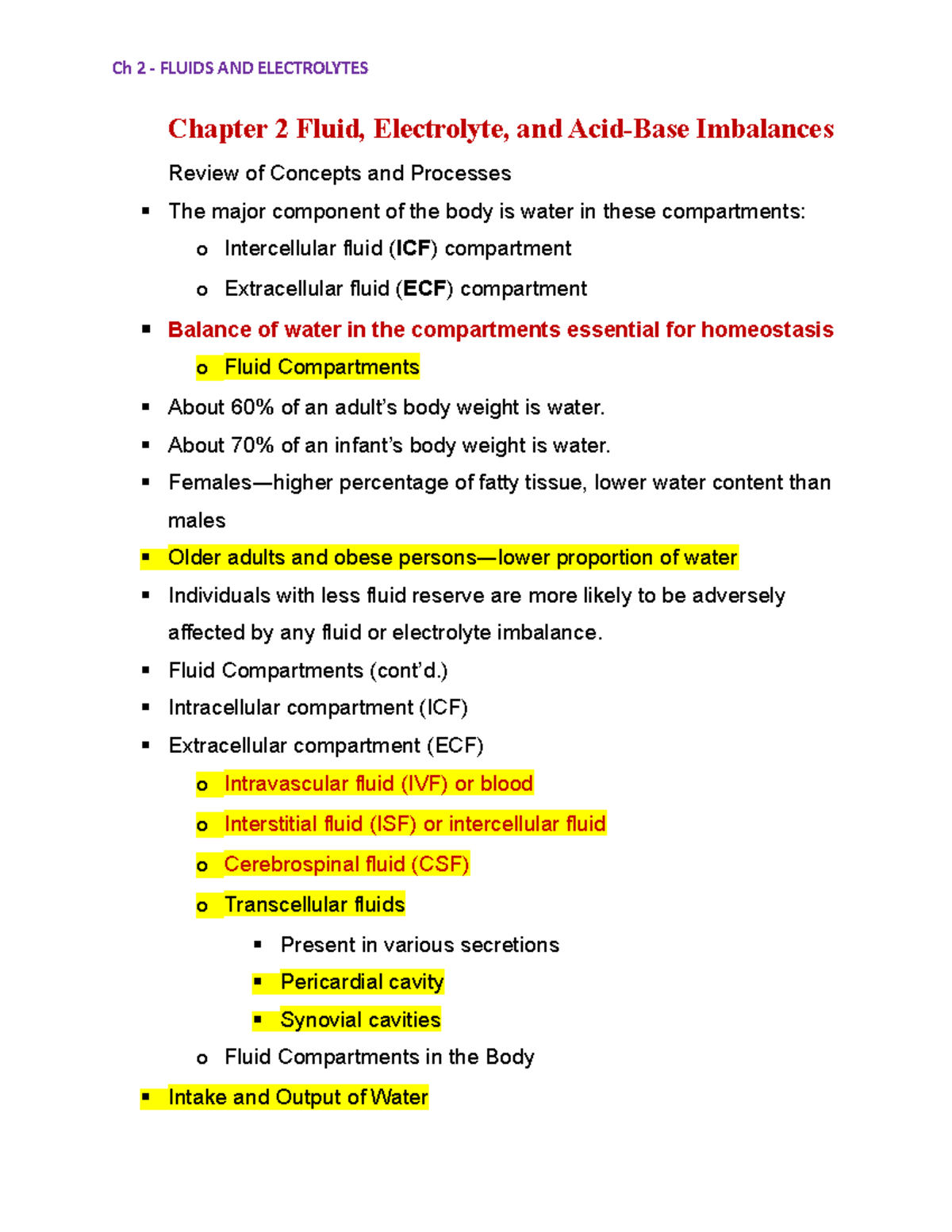 Pathophysiology - Chapter 2: Fluid & Electrolyte Imbalances Overview ...