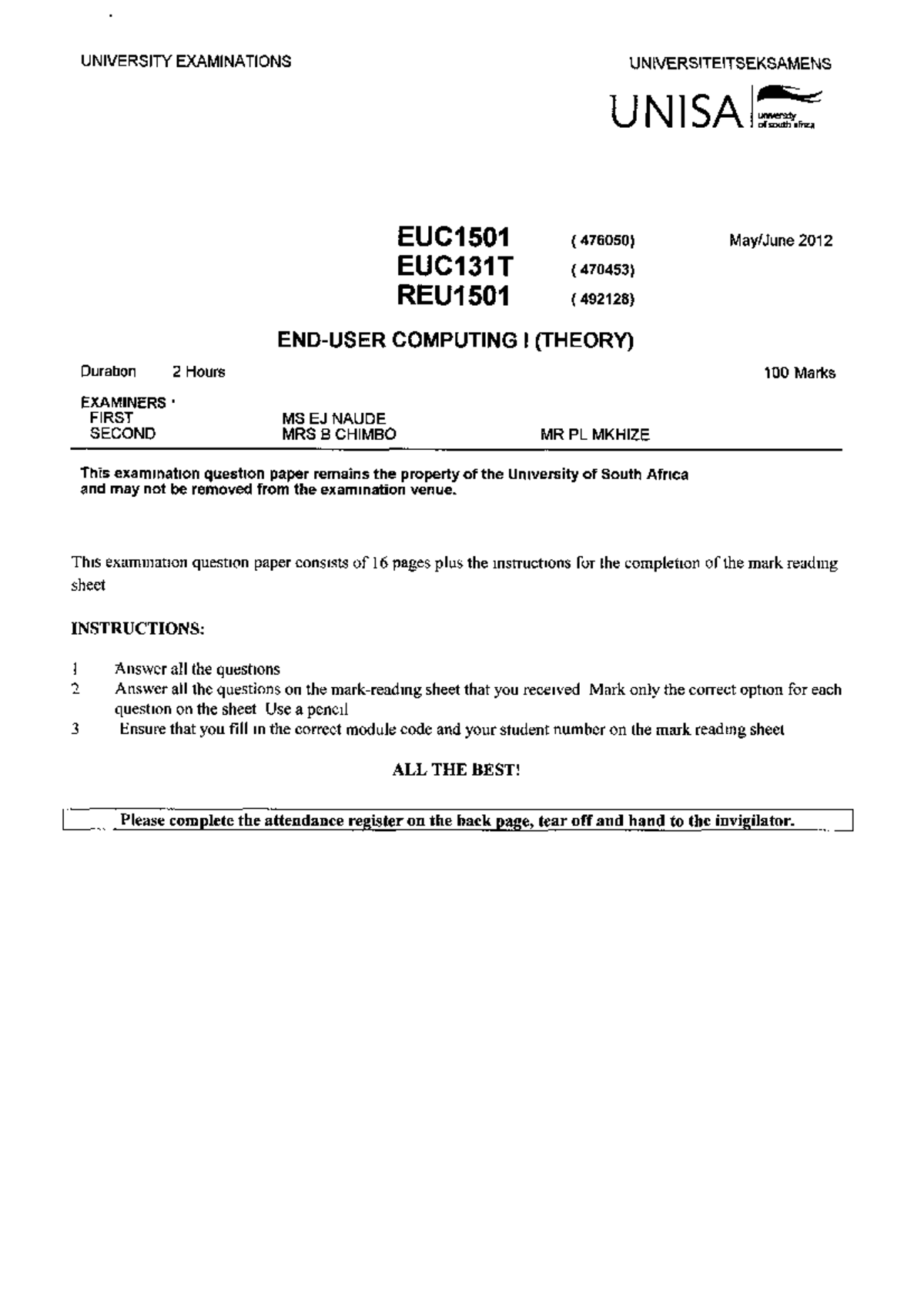 EUC1501 2012 6 E 1 - ECU1501 - UNIVERSITY EXAMINATIONS ...