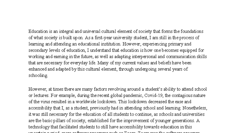 Self Reflection on Education's Cultural Impact During COVID-19 - Studocu