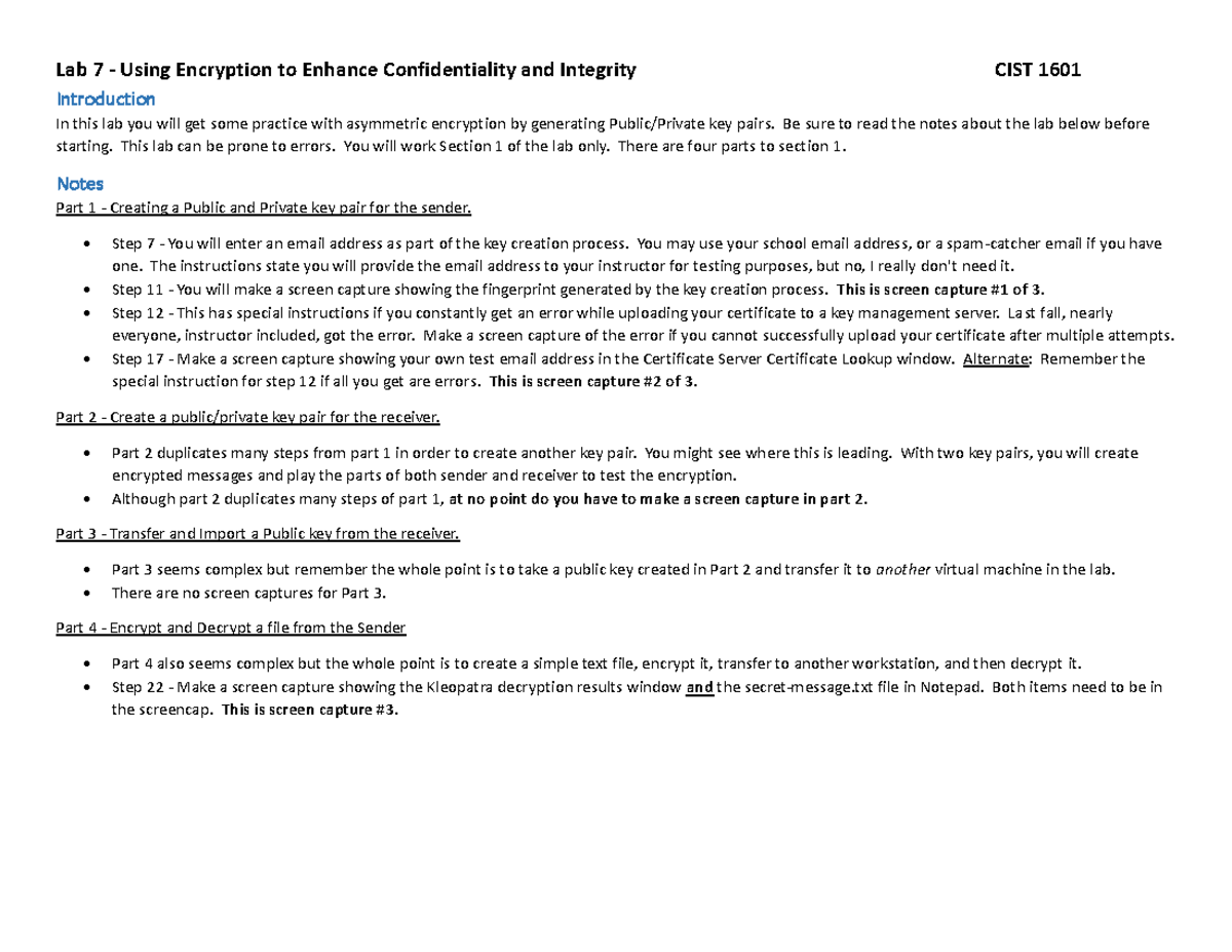 1601 Lab 7 Worksheet(v3) - Lab 7 - Using Encryption to Enhance Confidentiality and Integrity ...
