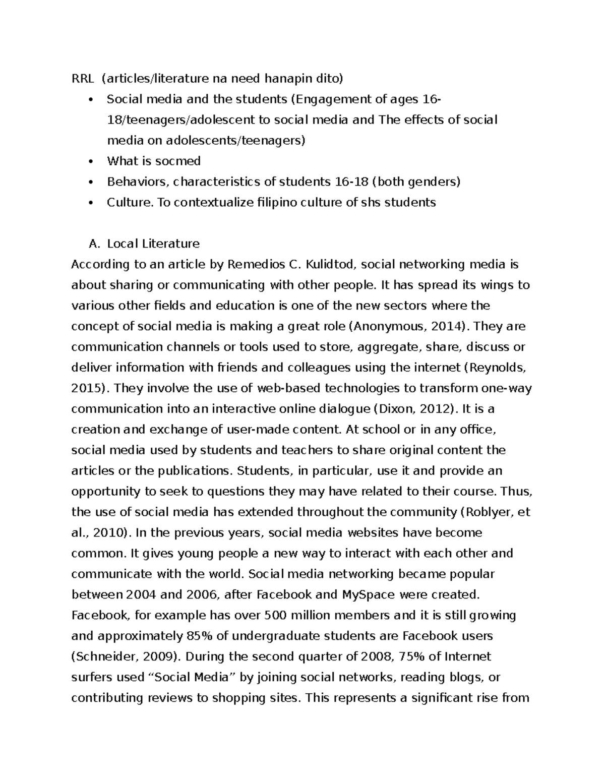 RRL on Social Media: Local Literature for SHS Students - Studocu