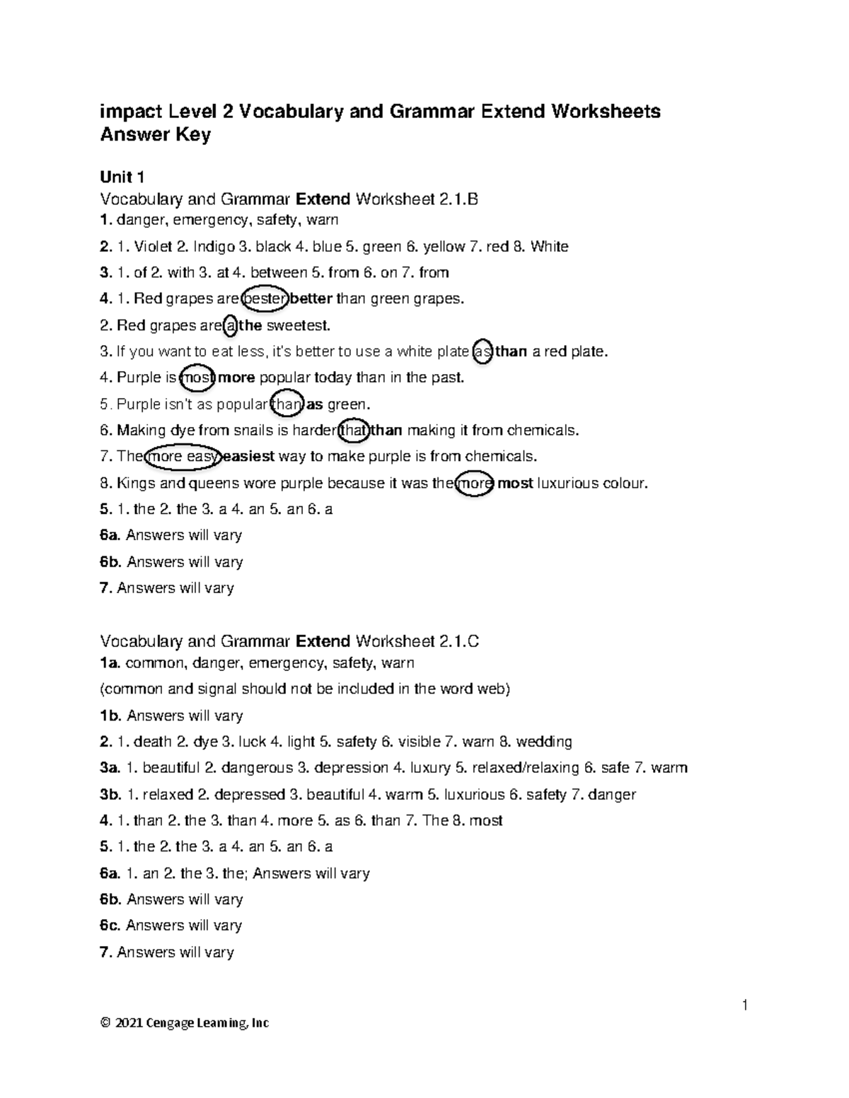 Impact Level 2 Vocabulary & Grammar Extend Worksheets U1-8 Answer Key ...