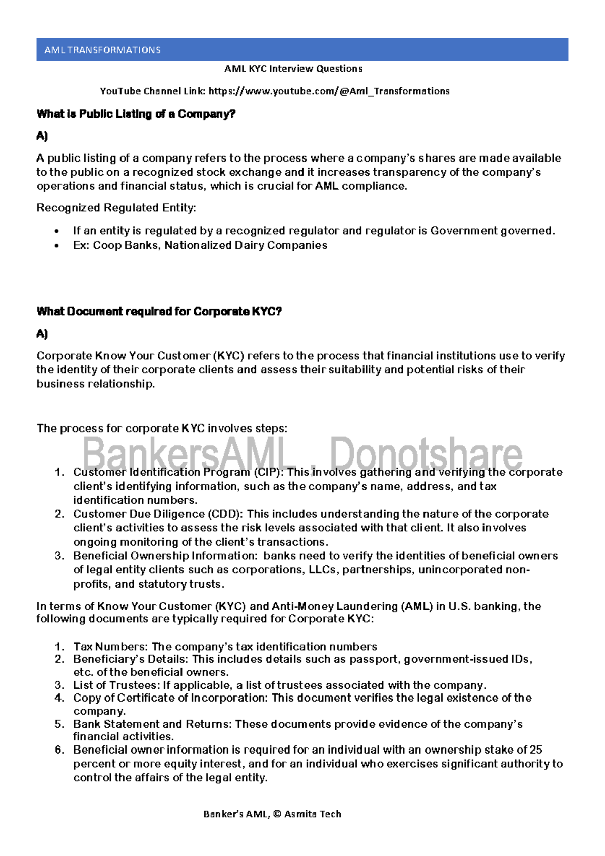 AML KYC Interview Questions and Key Concepts Overview - Studocu