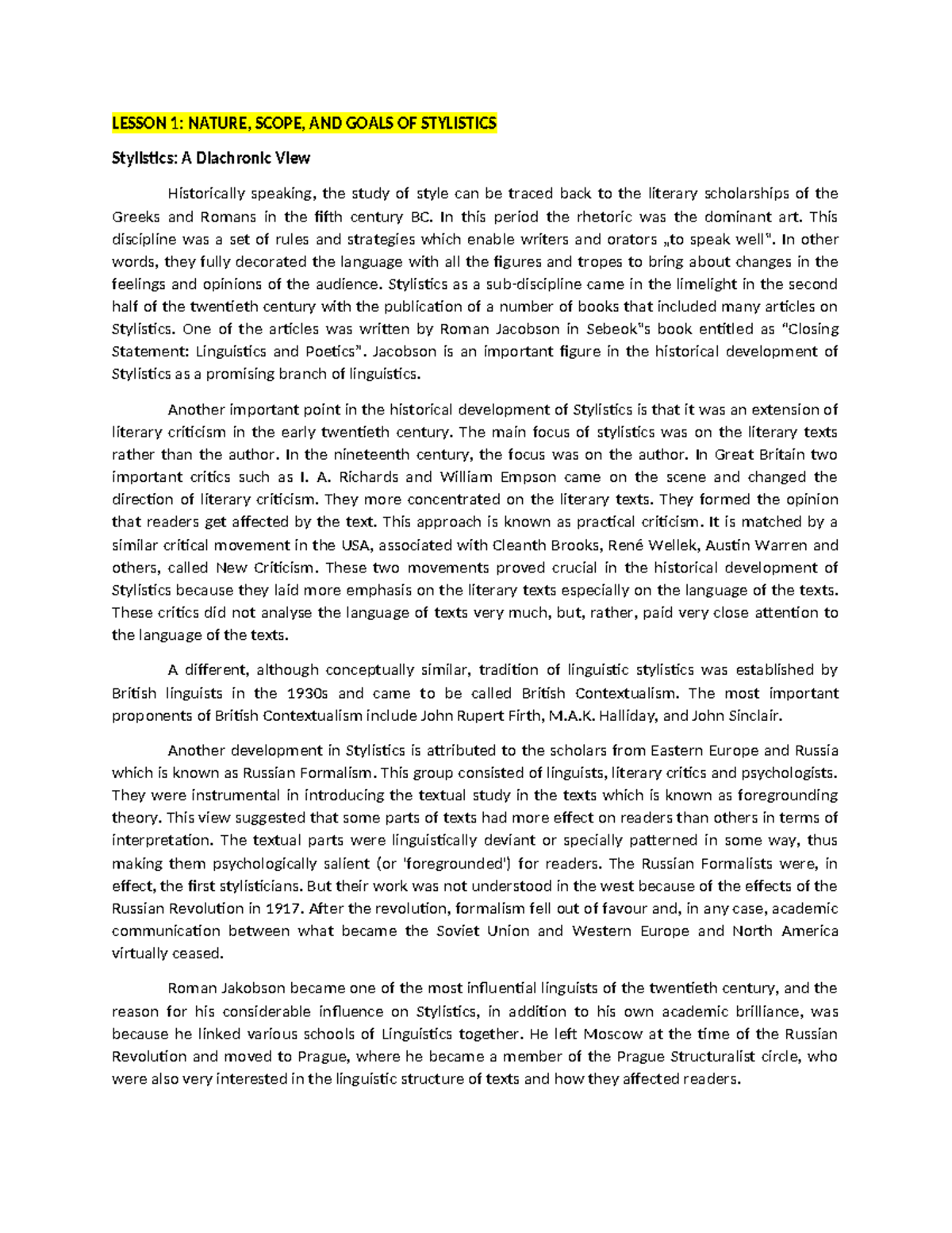 LESSON 1: NATURE, SCOPE, AND GOALS OF STYLISTICS - Studocu