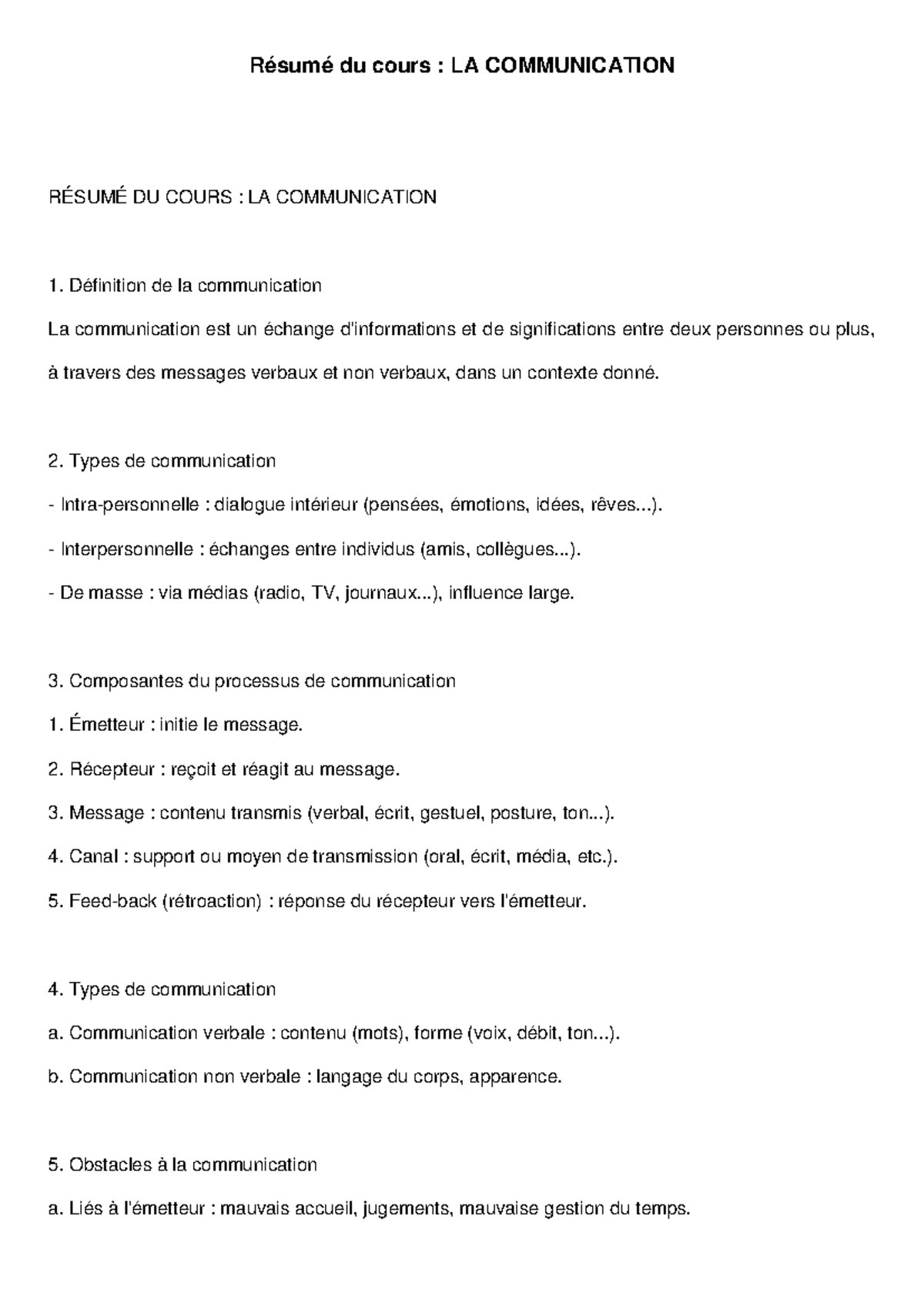 Résumé du cours : LA COMMUNICATION - Concepts et Composantes - Studocu