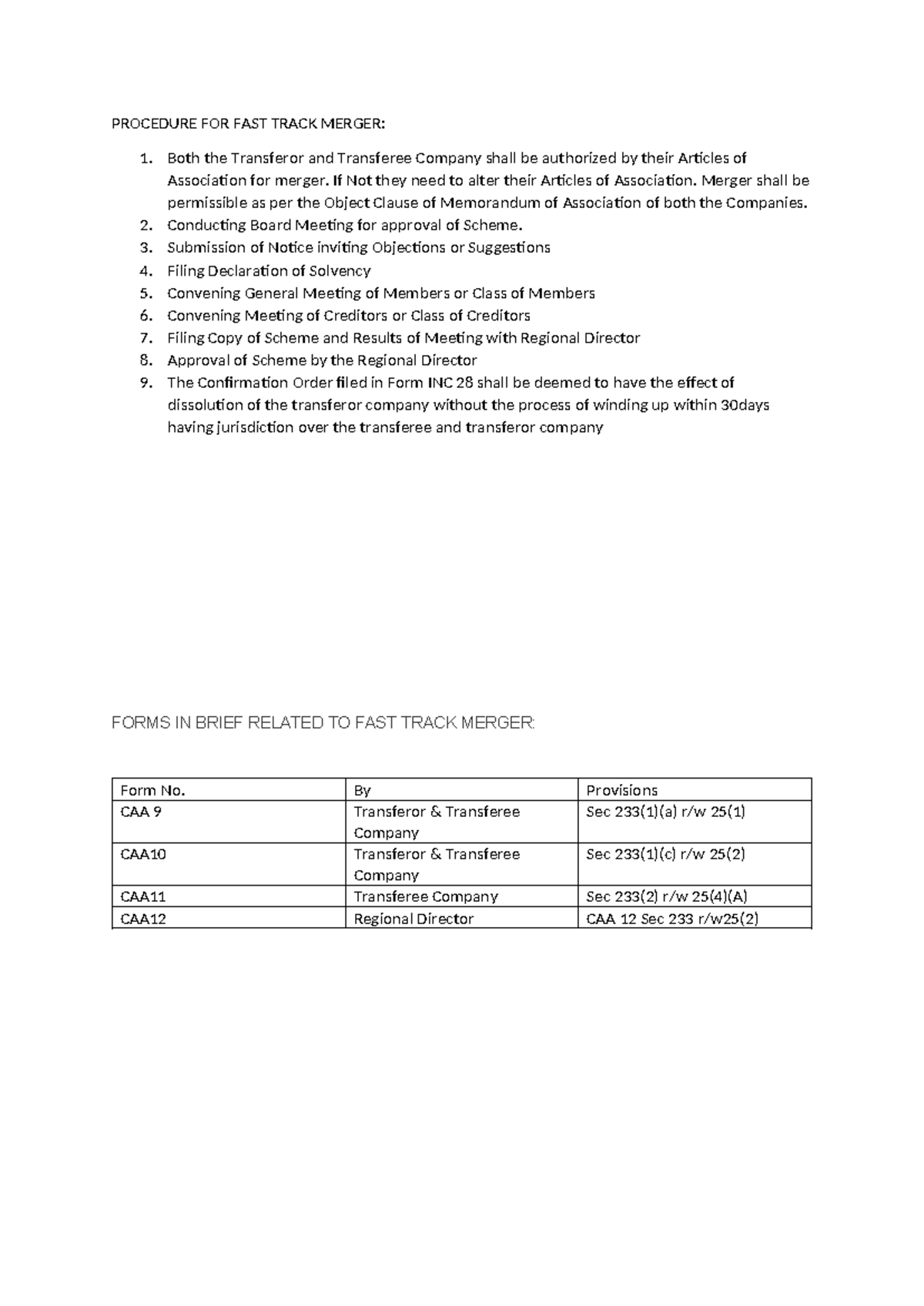 Fast Track Merger Procedure & E-Forms for Companies - Studocu