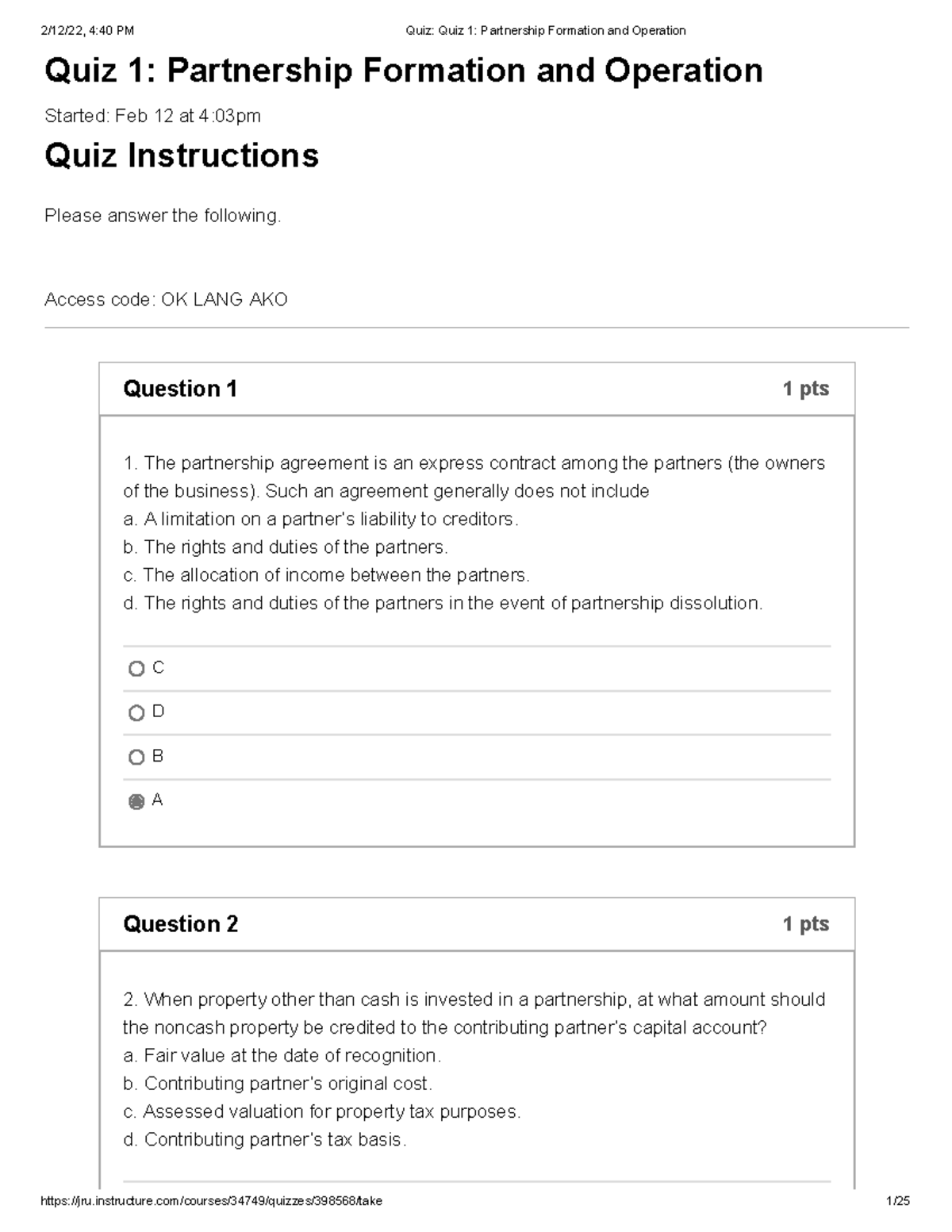 Quiz 1 on Partnership Formation & Operation Concepts (Course Code ...