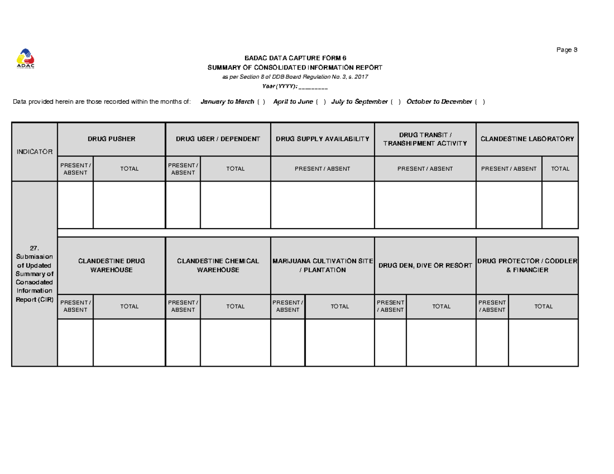 Consolidated Information Report Summary - BADAC Data Capture Form - Studocu