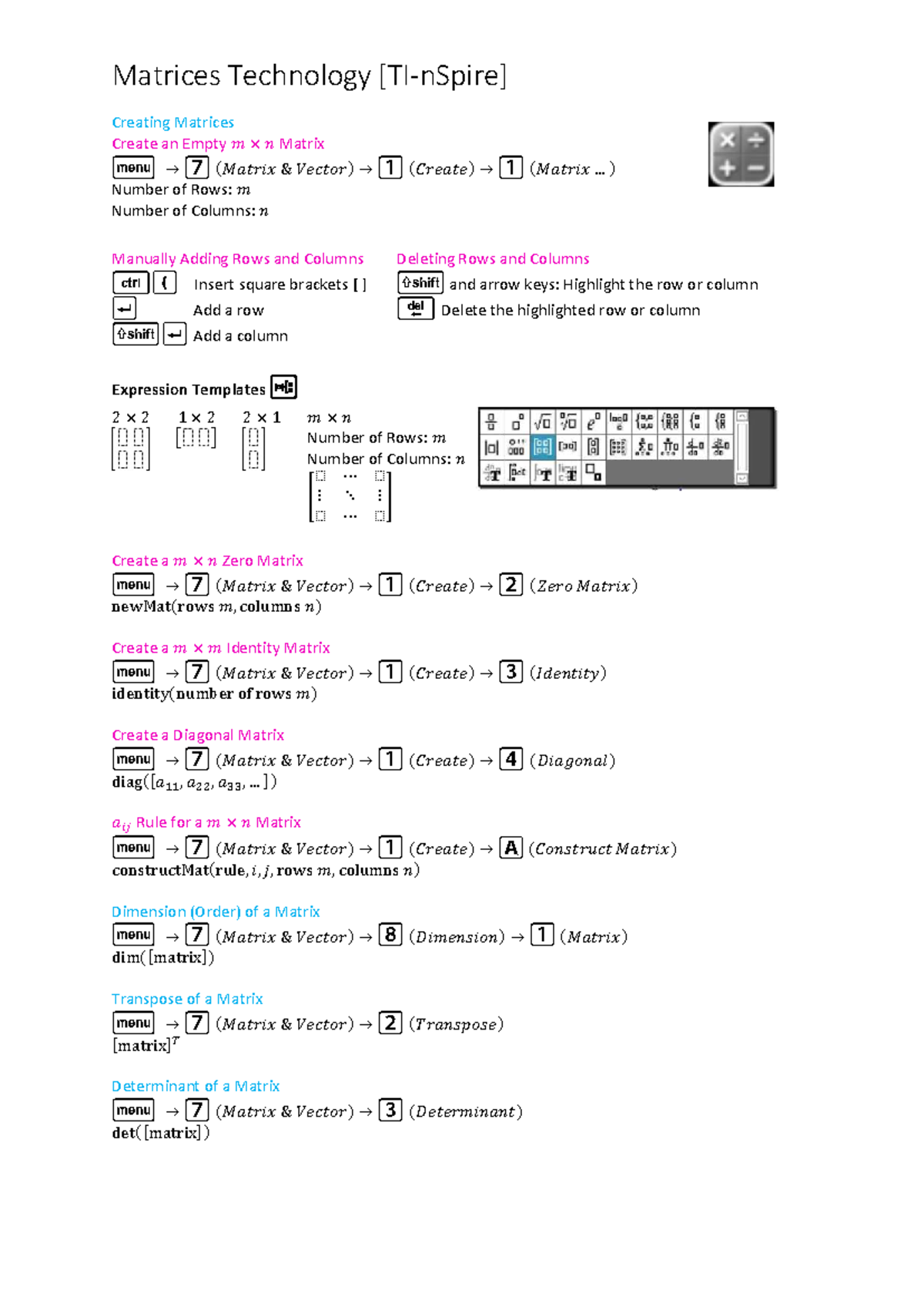 Matrices Technology [TI-n Spire]: Creating and Managing Matrices - Studocu