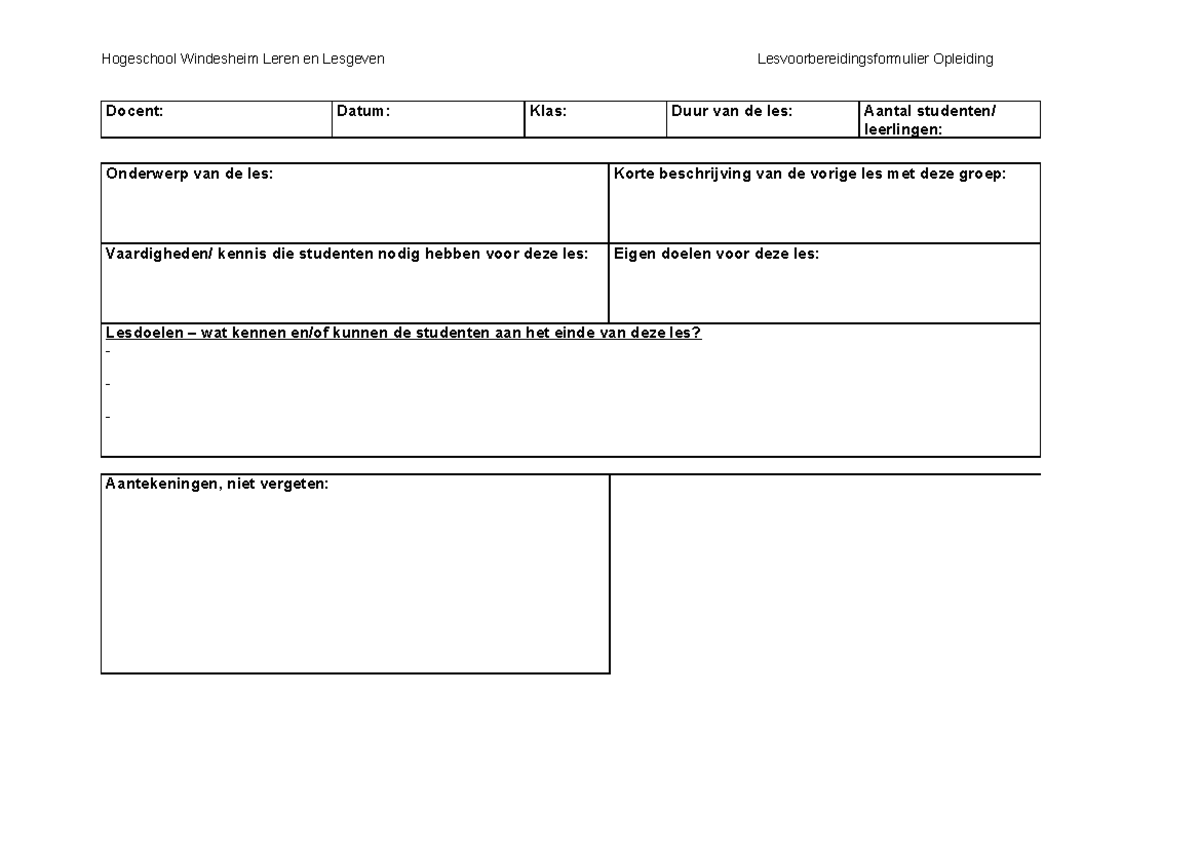 Lesvoorbereidingsformulier 1TLf Dq LFd Chm voor Docenten 20 en 20 ...