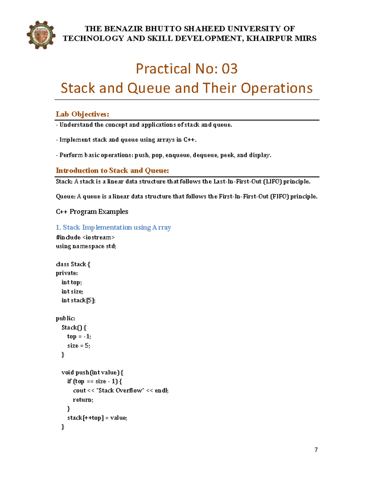 Lab 03: Stack and Queue Operations - Practical Guide - Studocu